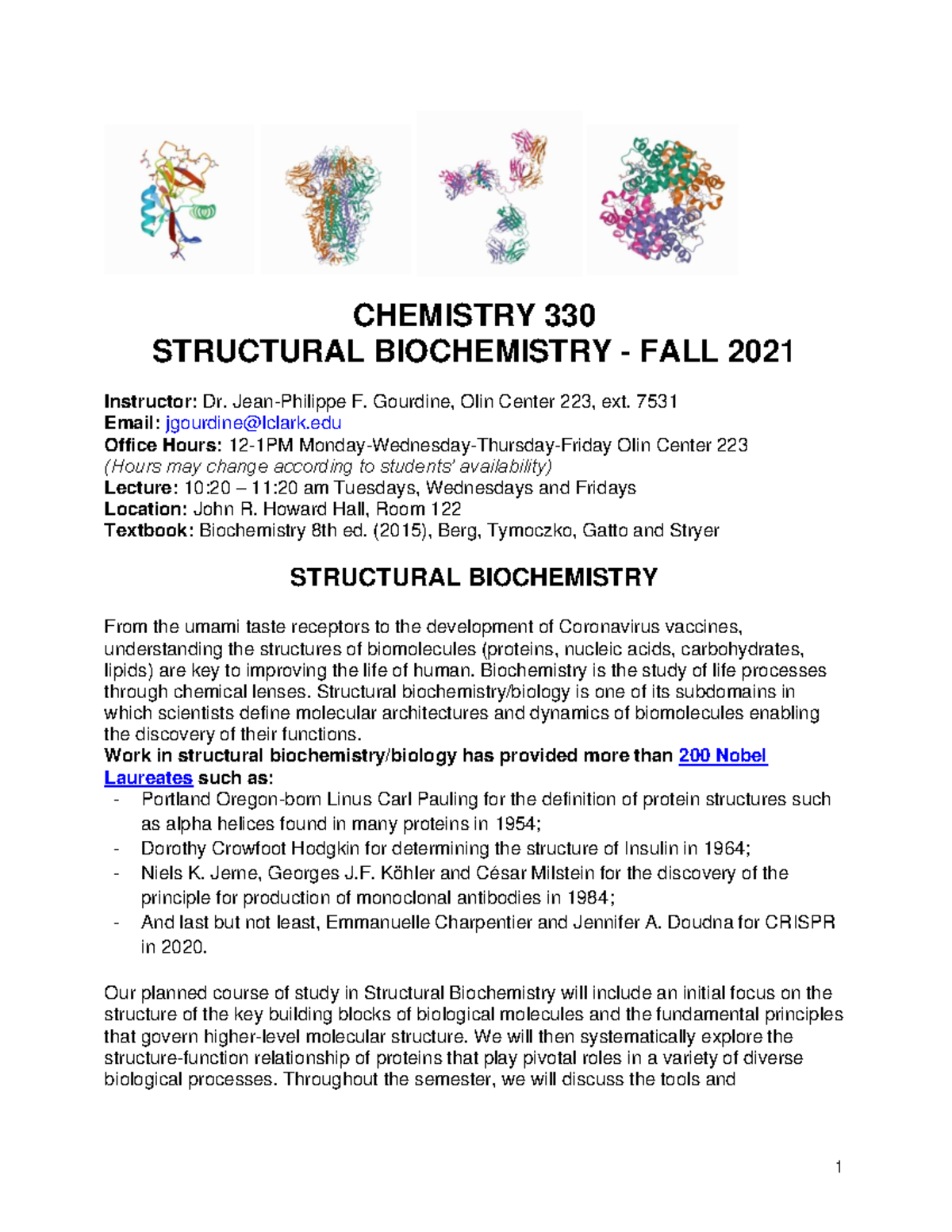 Structural Biochemistry Syllabus 2021 JPGourdine - CHEMISTRY 330 ...