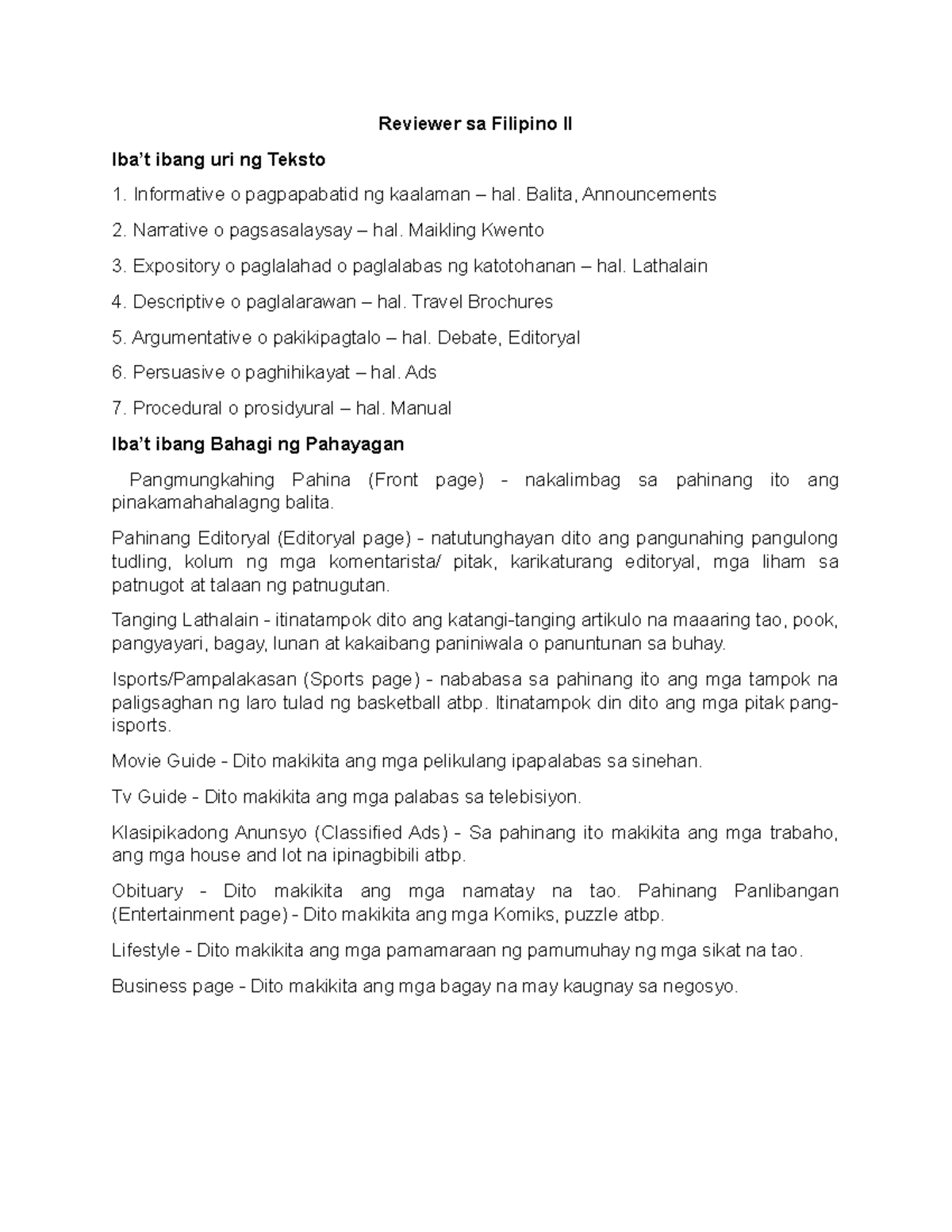 Reviewer sa Filipino II - Reviewer sa Filipino II Iba’t ibang uri ng ...