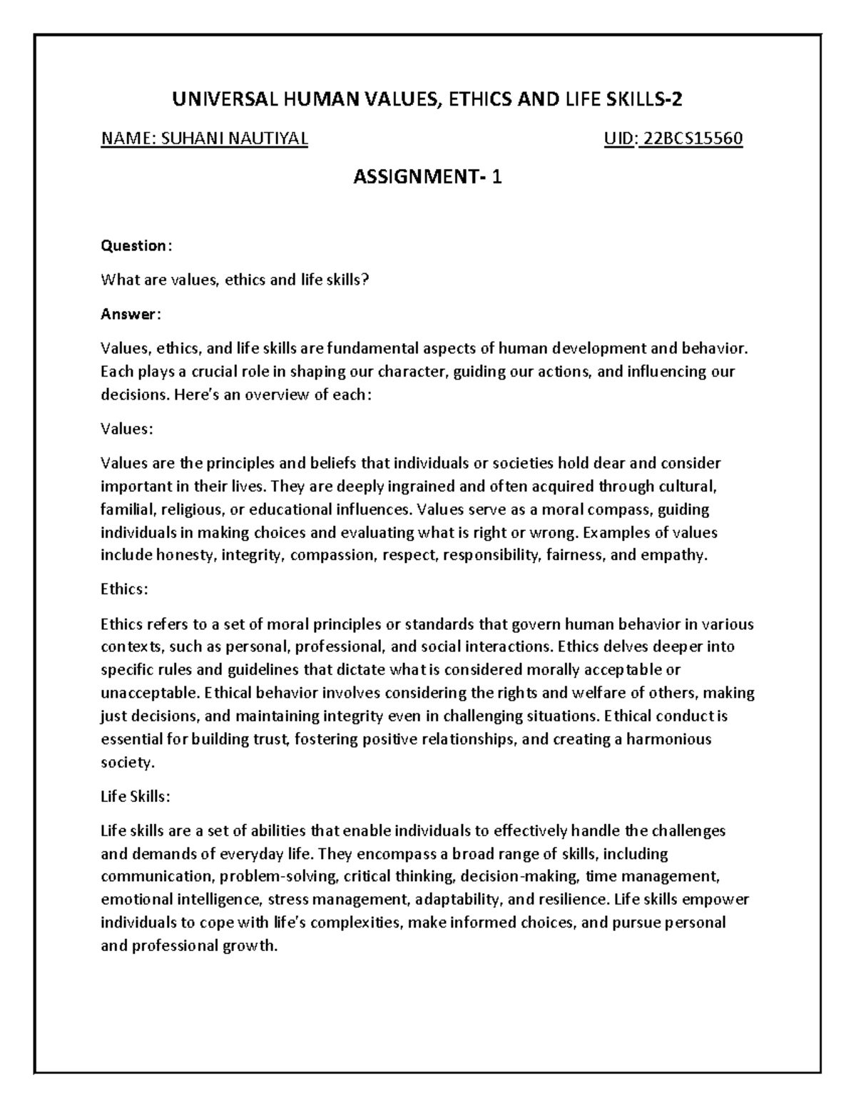 Assignment - UNIVERSAL HUMAN VALUES, ETHICS AND LIFE SKILLS- NAME ...
