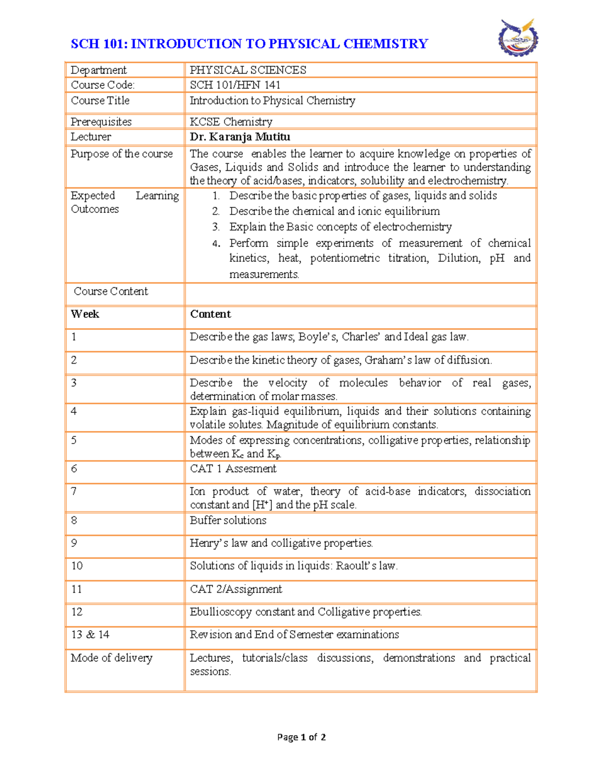 SCH 101-HFN 141 LECT. 1 - SCH 101: INTRODUCTION TO PHYSICAL CHEMISTRY ...