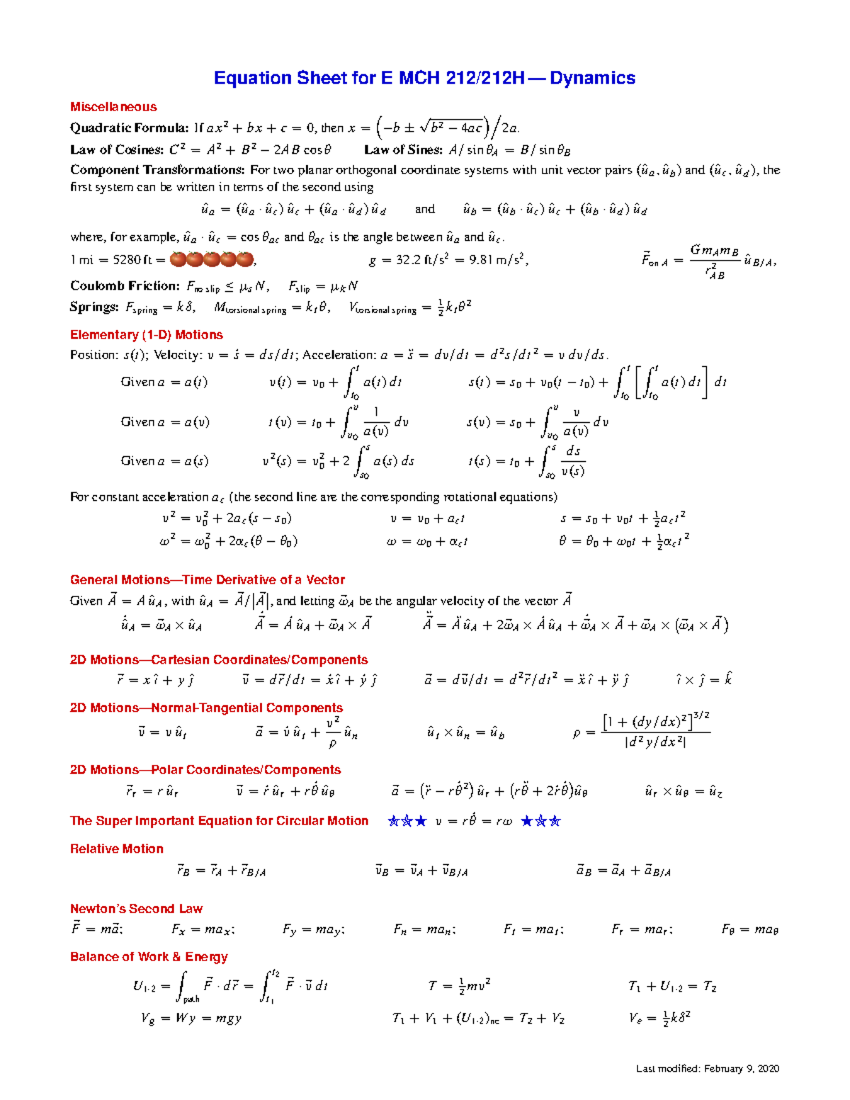 Equation-Sheet - equation sheet - Equation Sheet for E MCH 212/212H ...