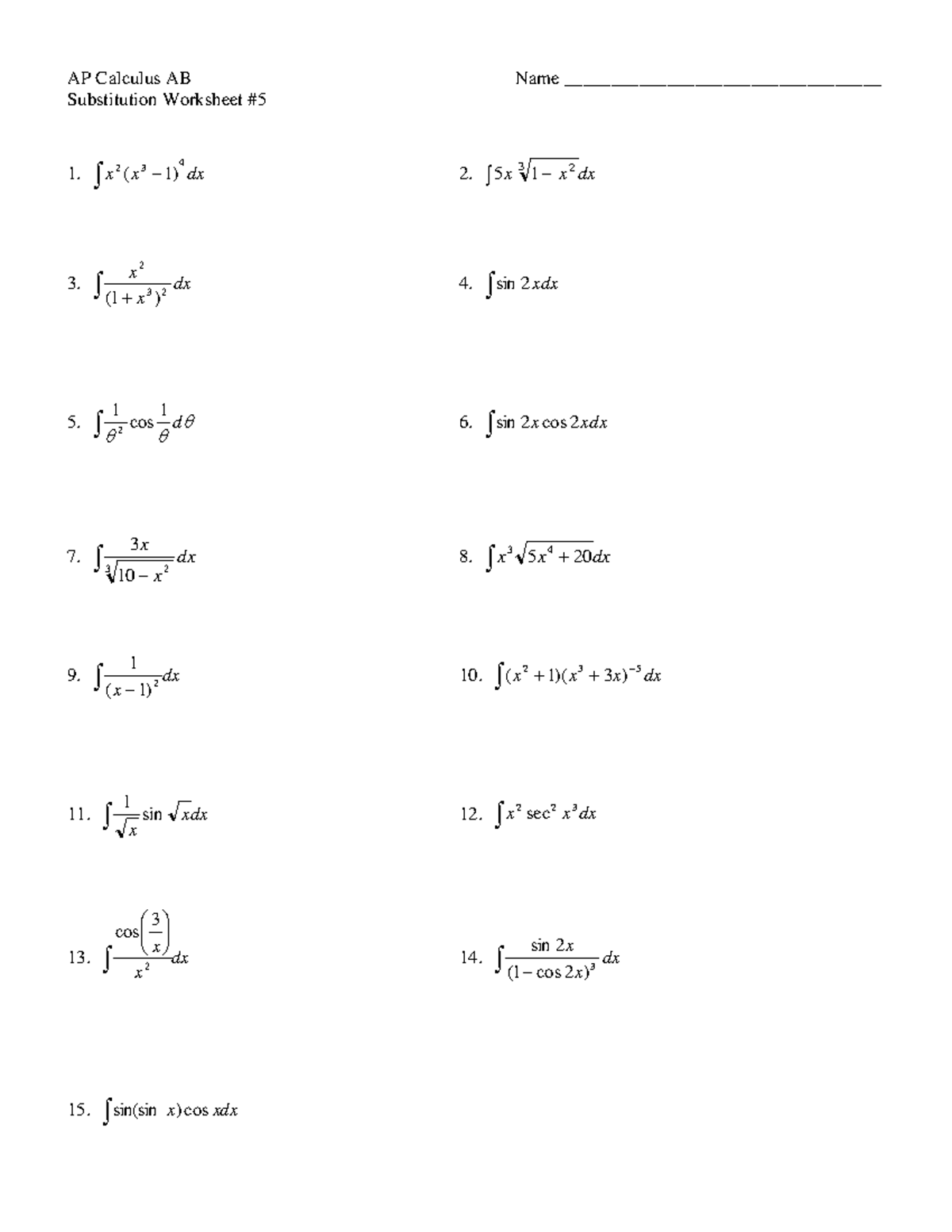 Substitution 5 - description - AP Calculus AB Name ...