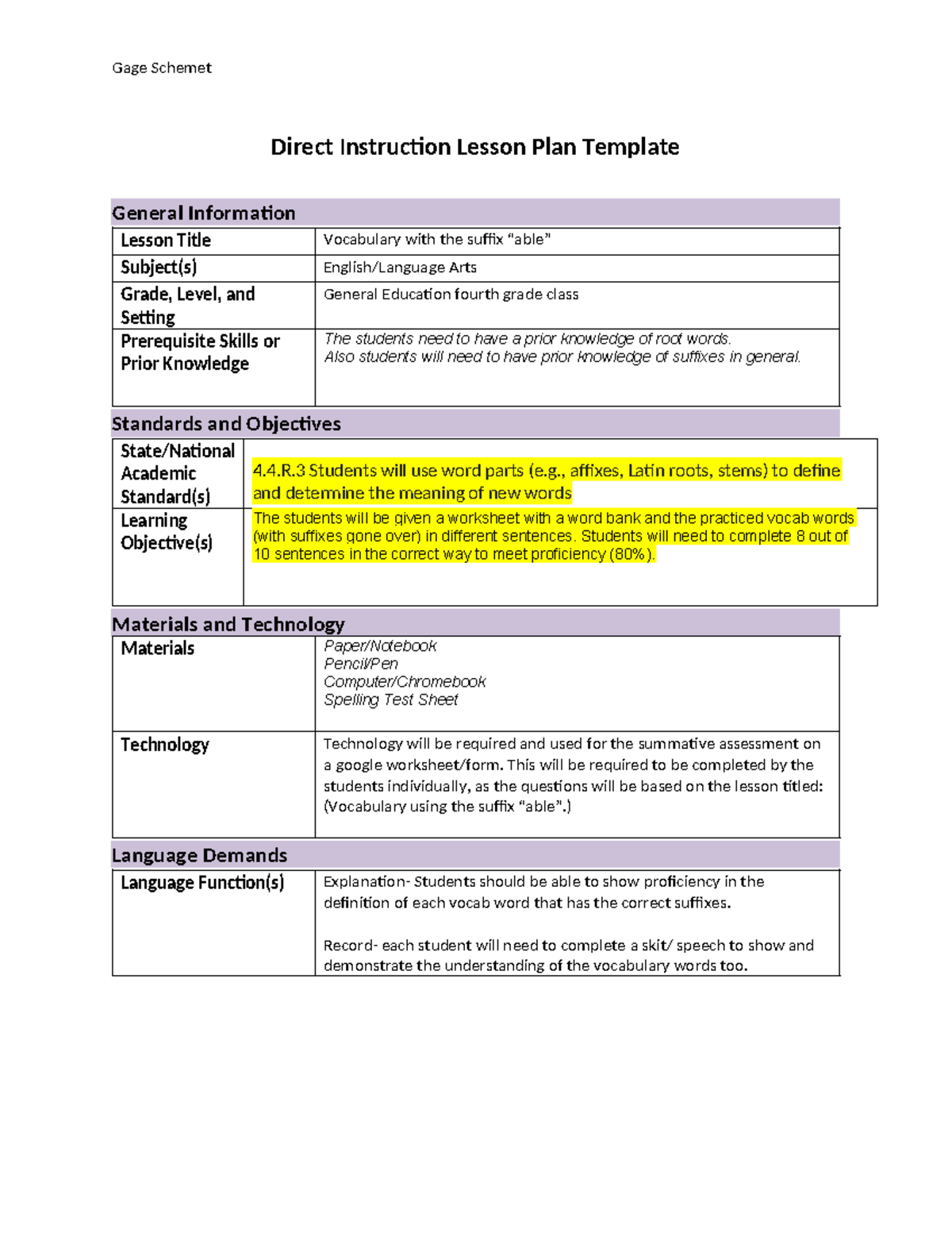 Direct Instruction Lesson Plan Template - Also students will need to ...