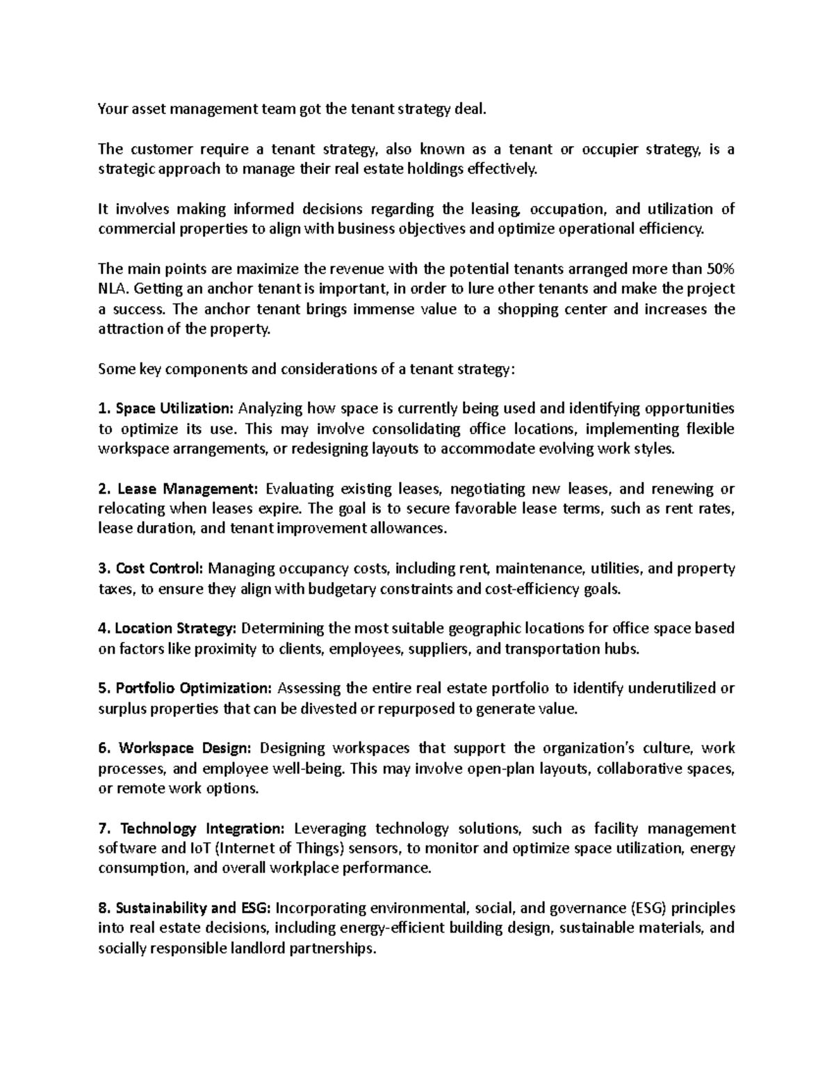 Final Assignment Tenant Strategy - Your asset management team got the ...