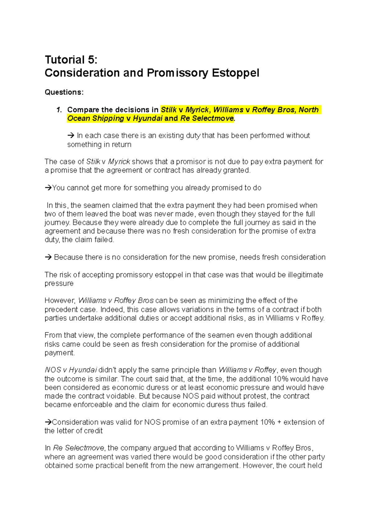 Tutorial 5 - Contrat law tuto - Tutorial 5: Consideration and Promissory Estoppel Questions: 1 ...
