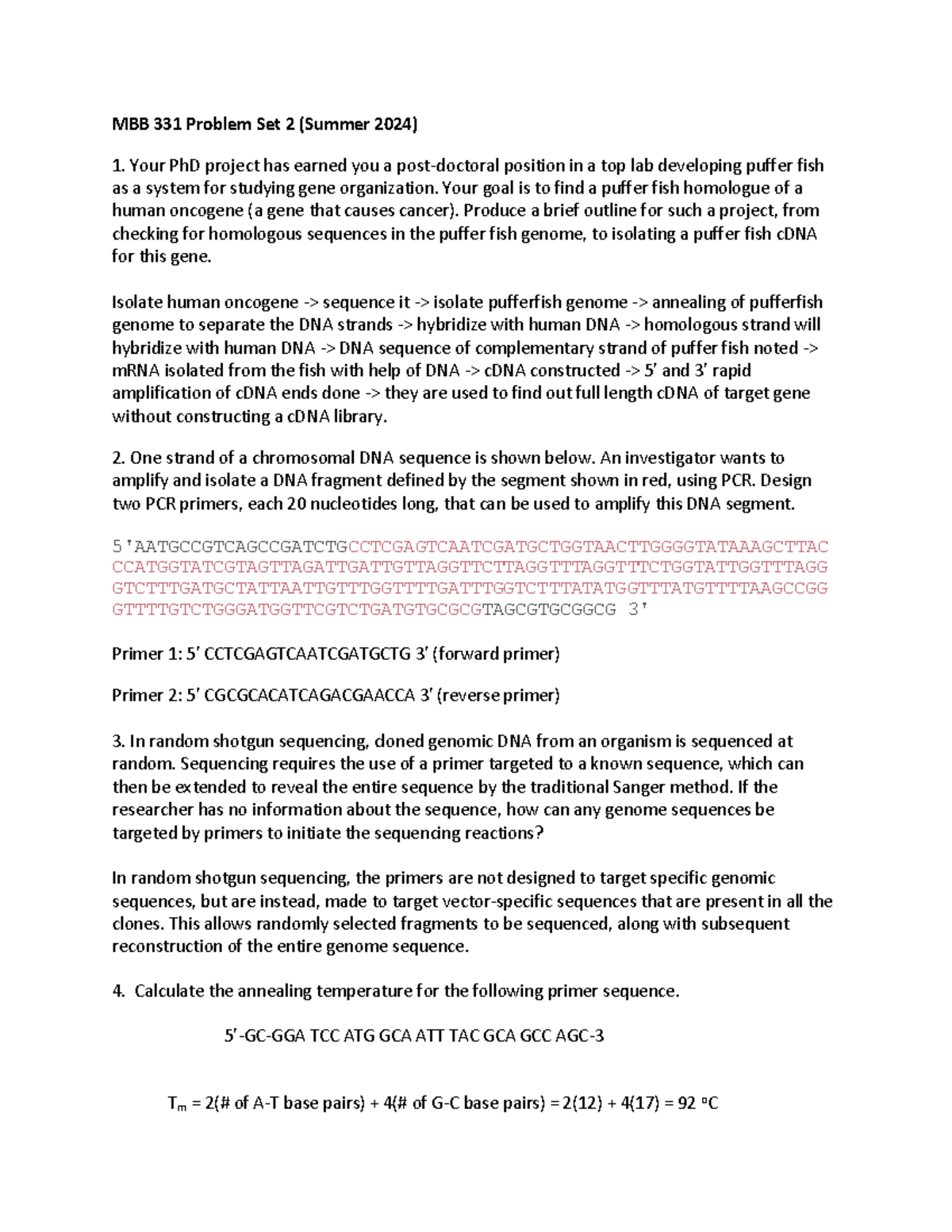 MBB 331 Problem Set 2 - MBB 331 Problem Set 2 (Summer 2024 ) Your PhD ...