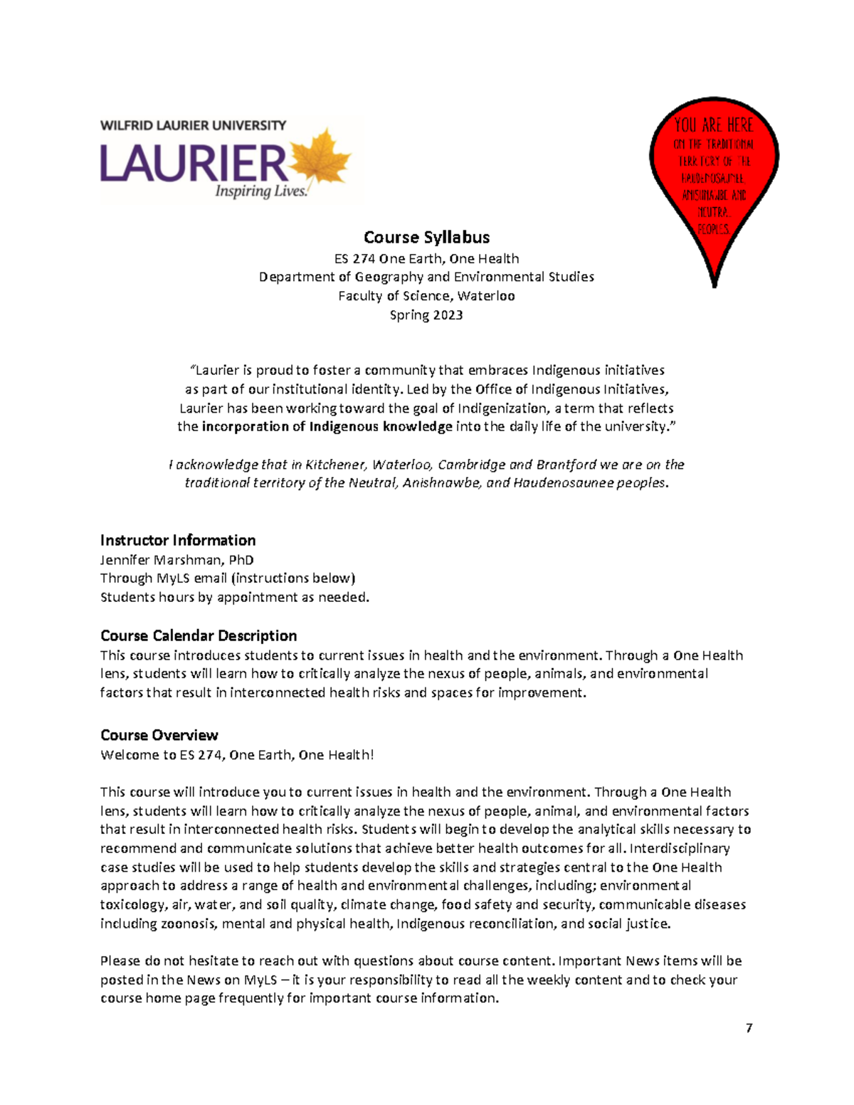 Syllabus Final Spring 2023 - Course Syllabus ES 274 One Earth, One ...