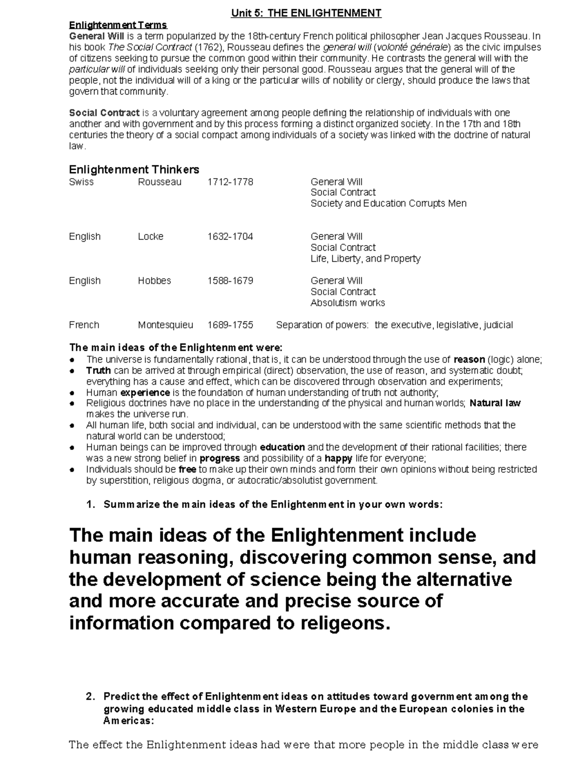 Enlightenment Handout - Unit 5: THE ENLIGHTENMENT Enlightenment Terms ...