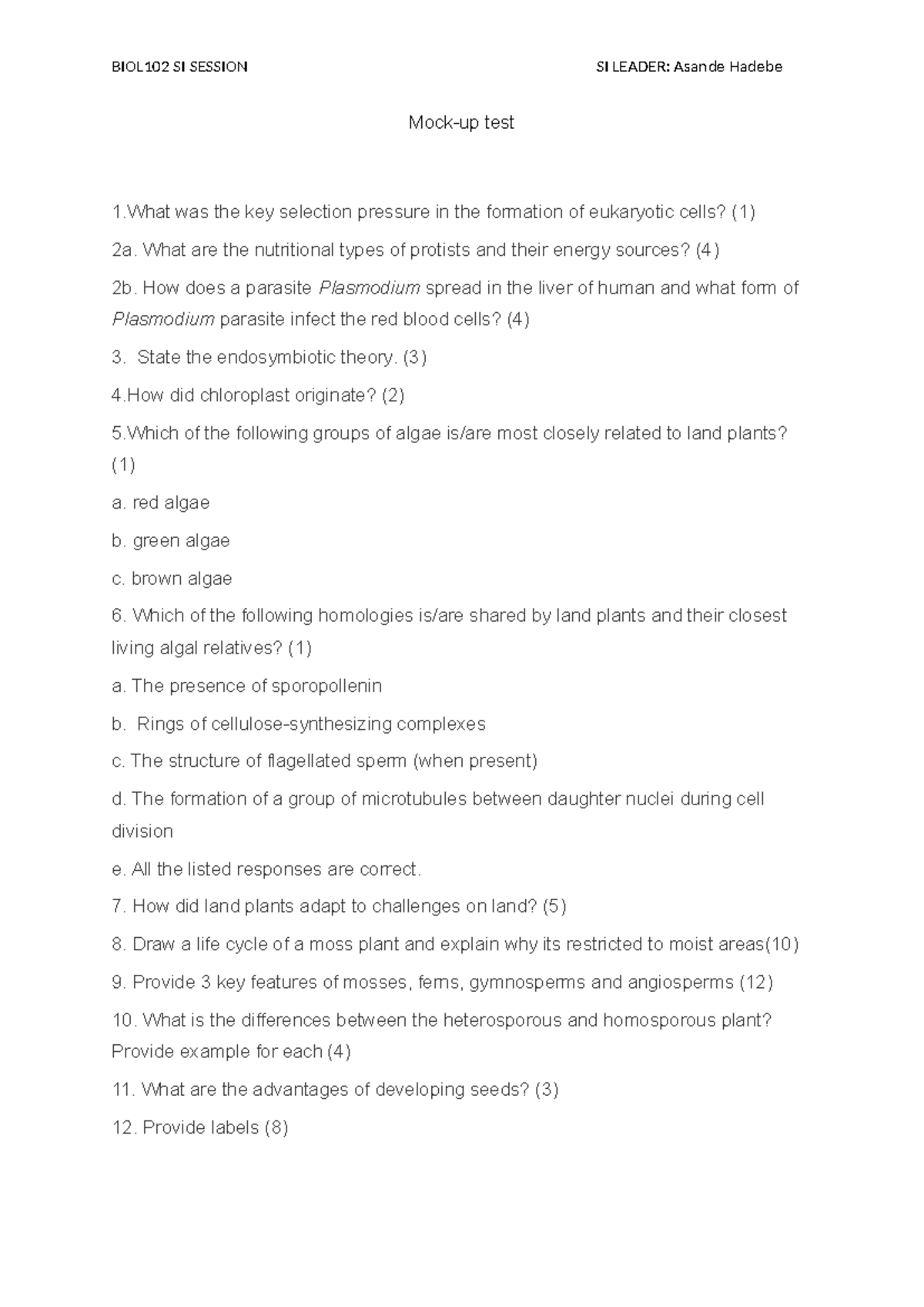 Mock-up test questions-13 september - BIOL102 SI SESSION SI LEADER ...