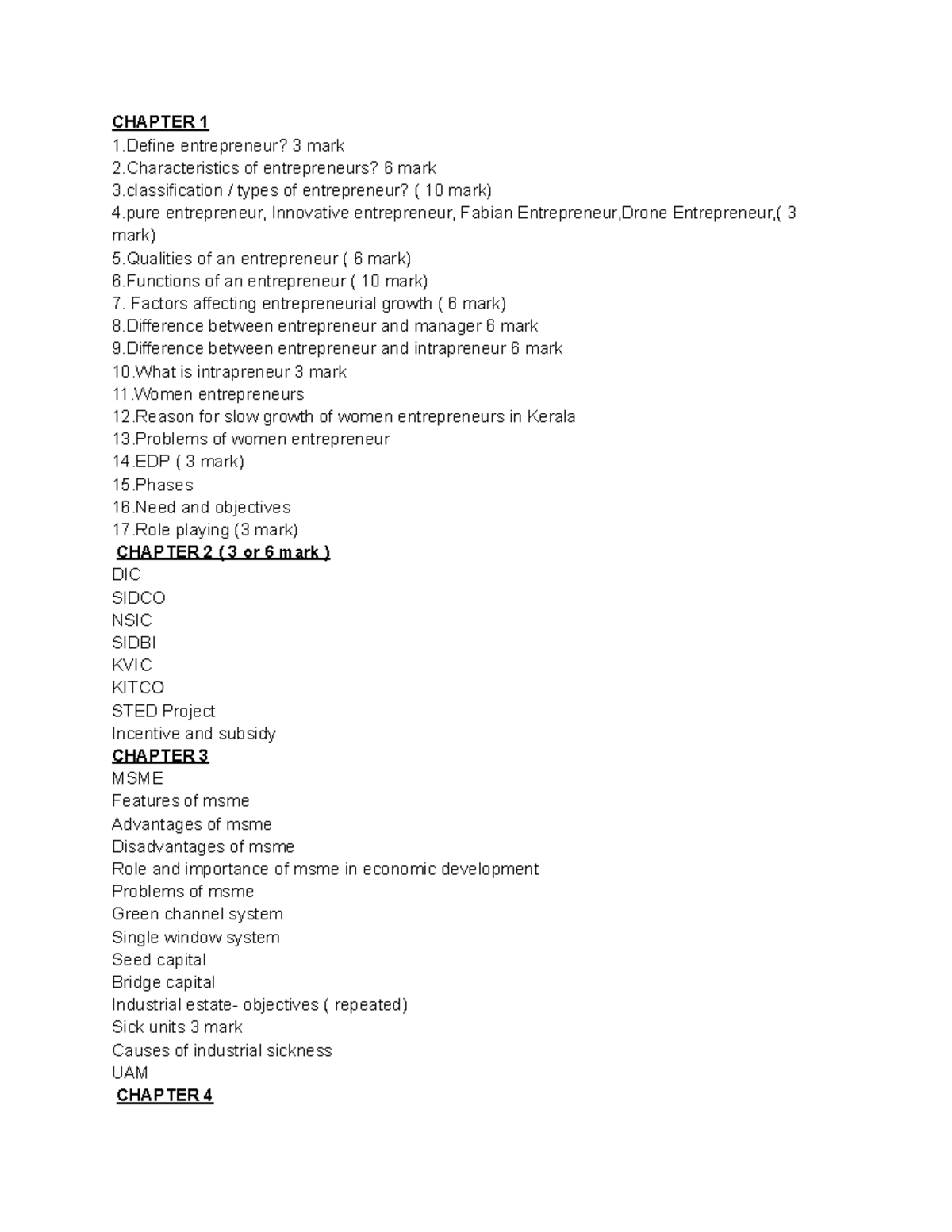 Ed imp questions - CHAPTER 1 1 entrepreneur? 3 mark 2 of entrepreneurs ...