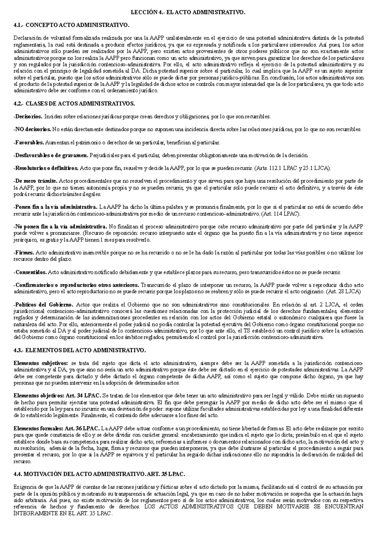 Lección 4.- Admin I - LECCIÓN 4.- EL ACTO ADMINISTRATIVO. 4.- CONCEPTO ACTO ADMINISTRATIVO ...