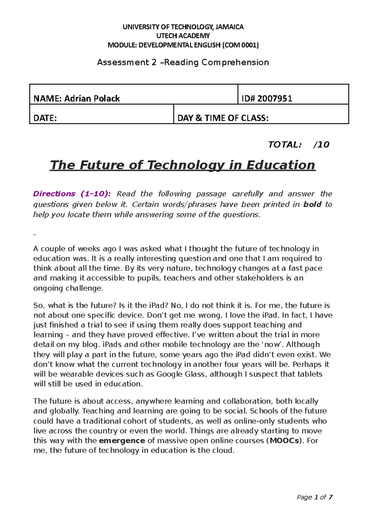 Assessment 2 - Reading Comprehension AY2022-2023 Sem 2 - UTECH ACADEMY ...
