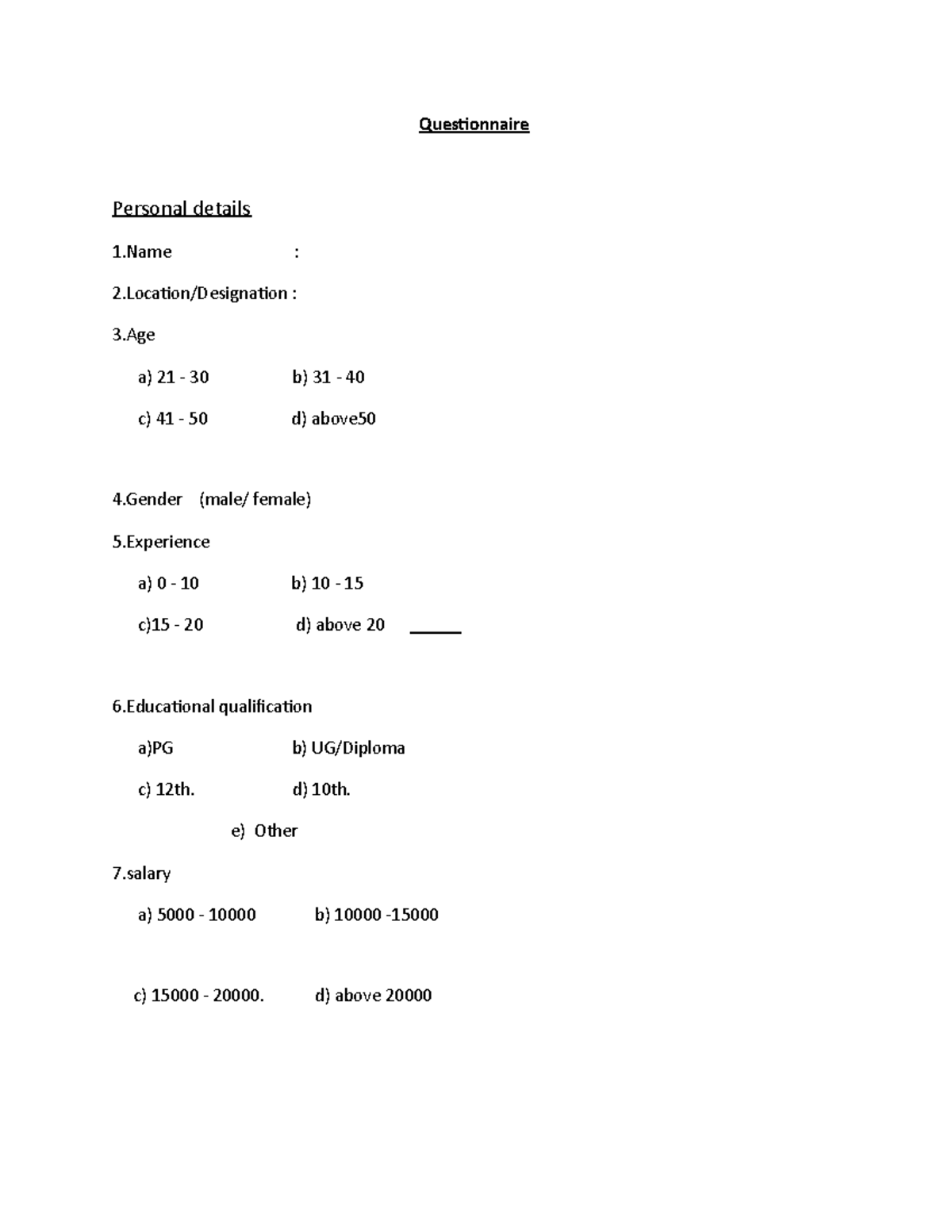 Questionnaire OF Wages AND Salary Administration - Questionnaire ...