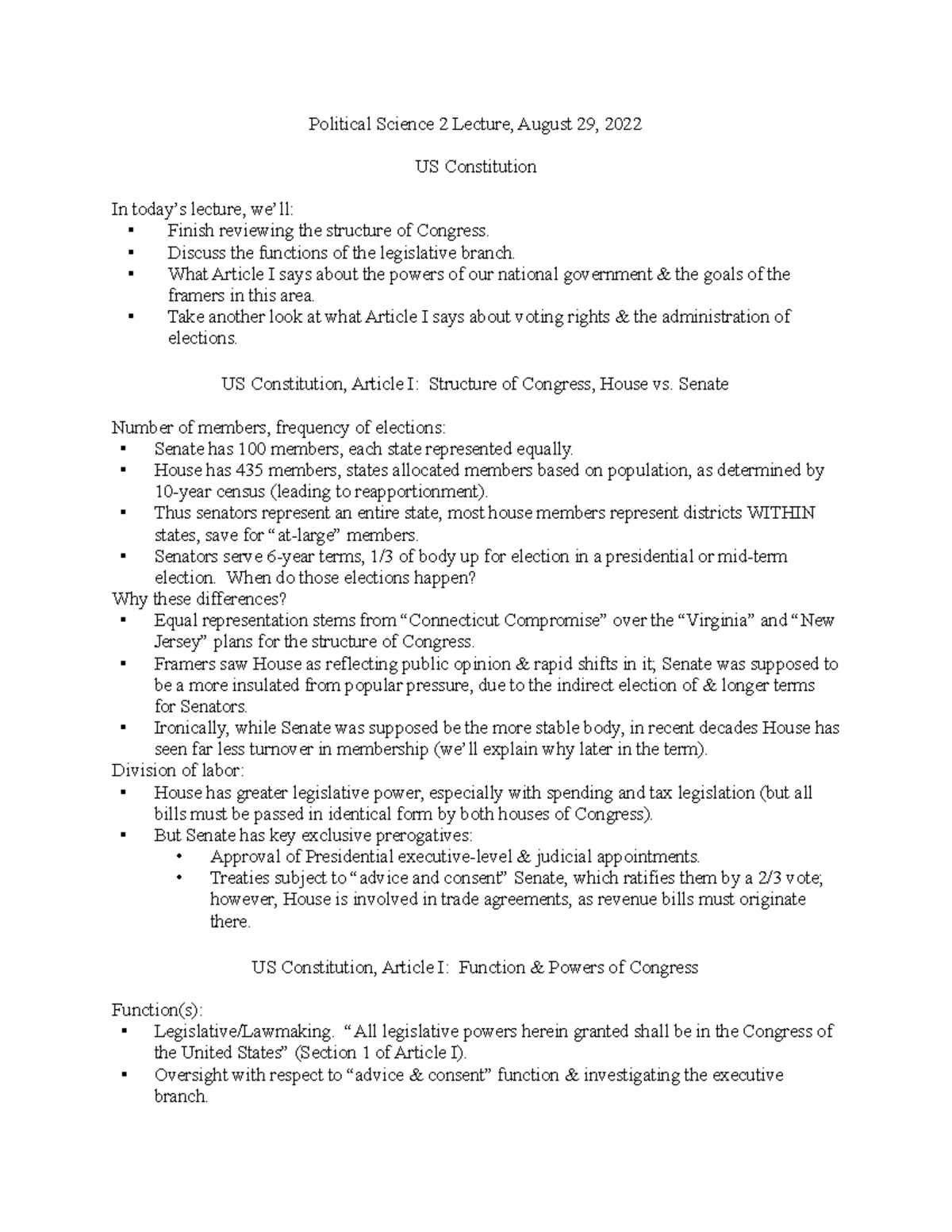 US Constitution - Political Science 2 Lecture, August 29, 2022 US ...