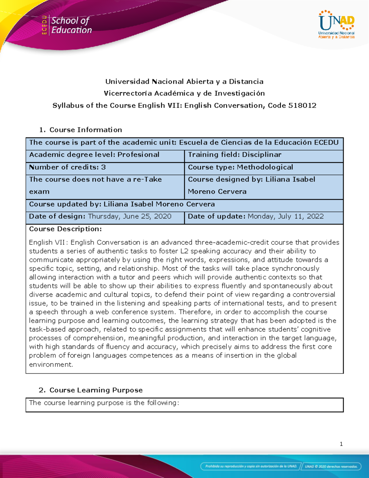 Course syllabus English VII English Conversation - Universidad Nacional ...