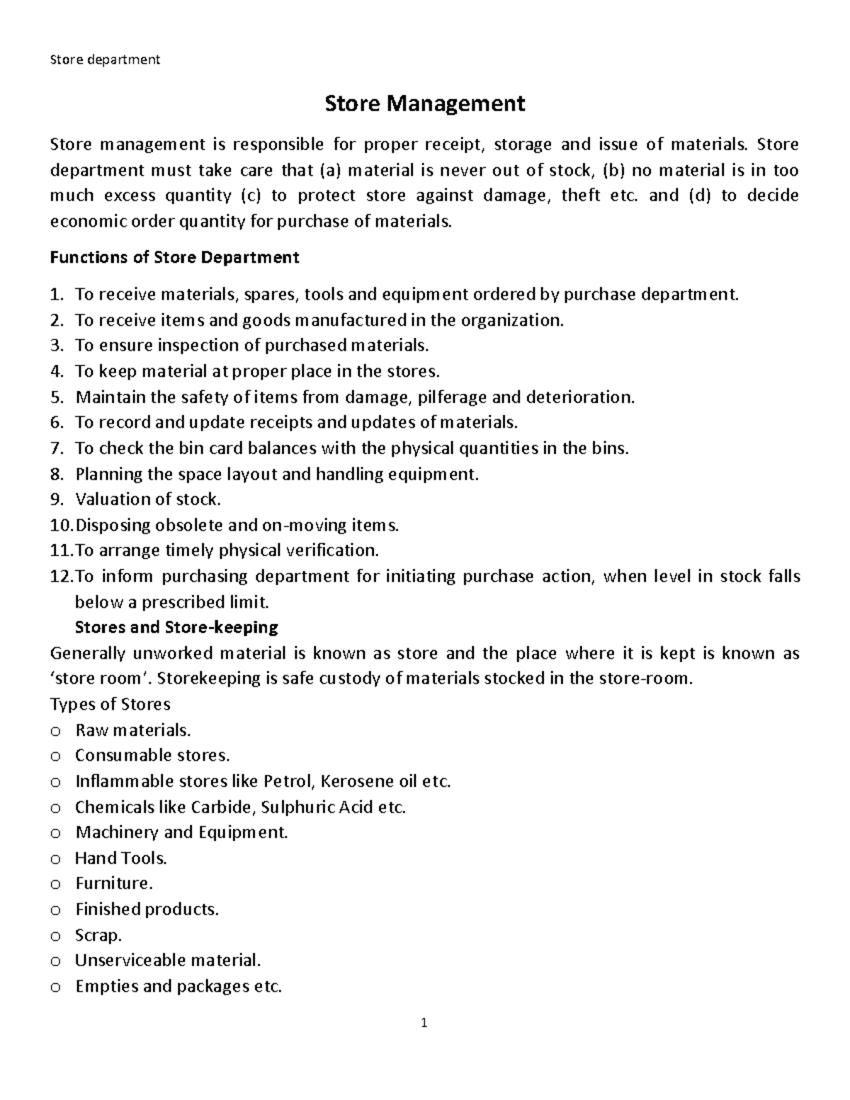 Store Department - Ghh - Store Management Store management is ...