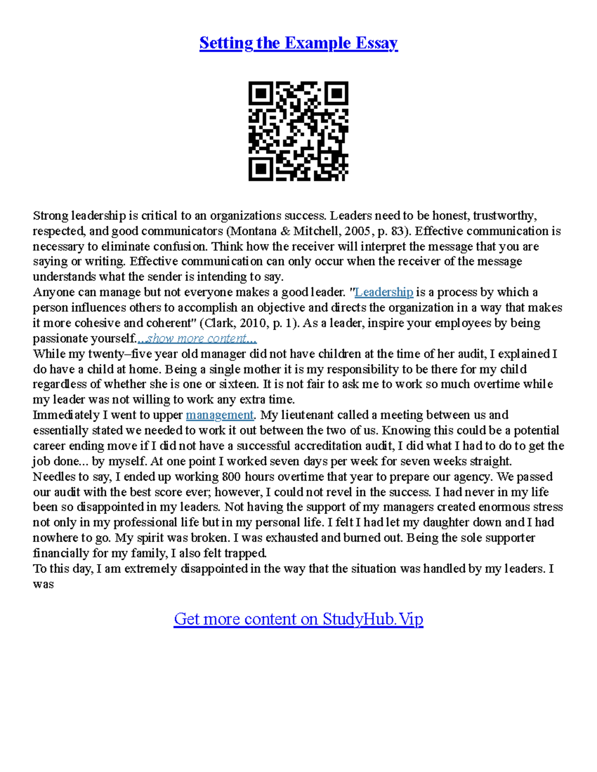 Good Example Essays - Setting the Example Essay Strong leadership is ...