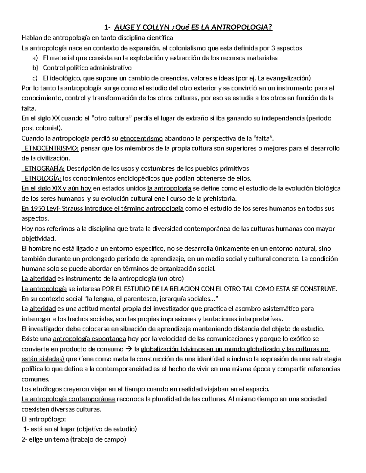 Resumenes de gi - 1- AUGE Y COLLYN ¿Qué ES LA ANTROPOLOGIA? Hablan de ...