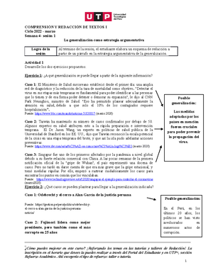 Redacción preliminar de un texto argumentativo para la PC1 - COMPRENSIÓN Y REDACCIÓN DE TEXTOS I ...