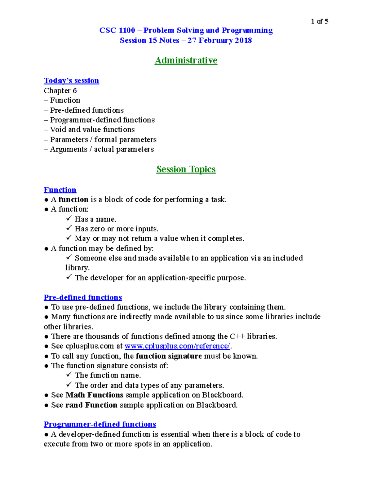 CSC1100 Dan O Session 15Notes 2018 0220 - 1 of 5 CSC 1100 – Problem ...