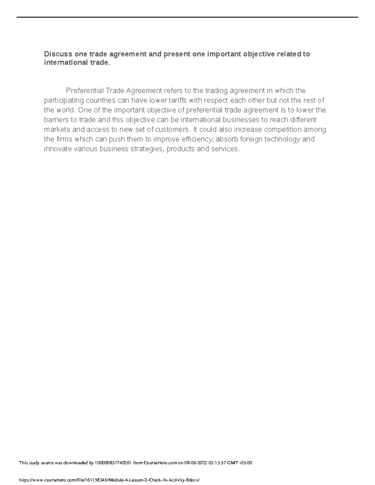 Module 4 Lesson 2 Check in Activity 8 - Discuss one trade agreement and ...