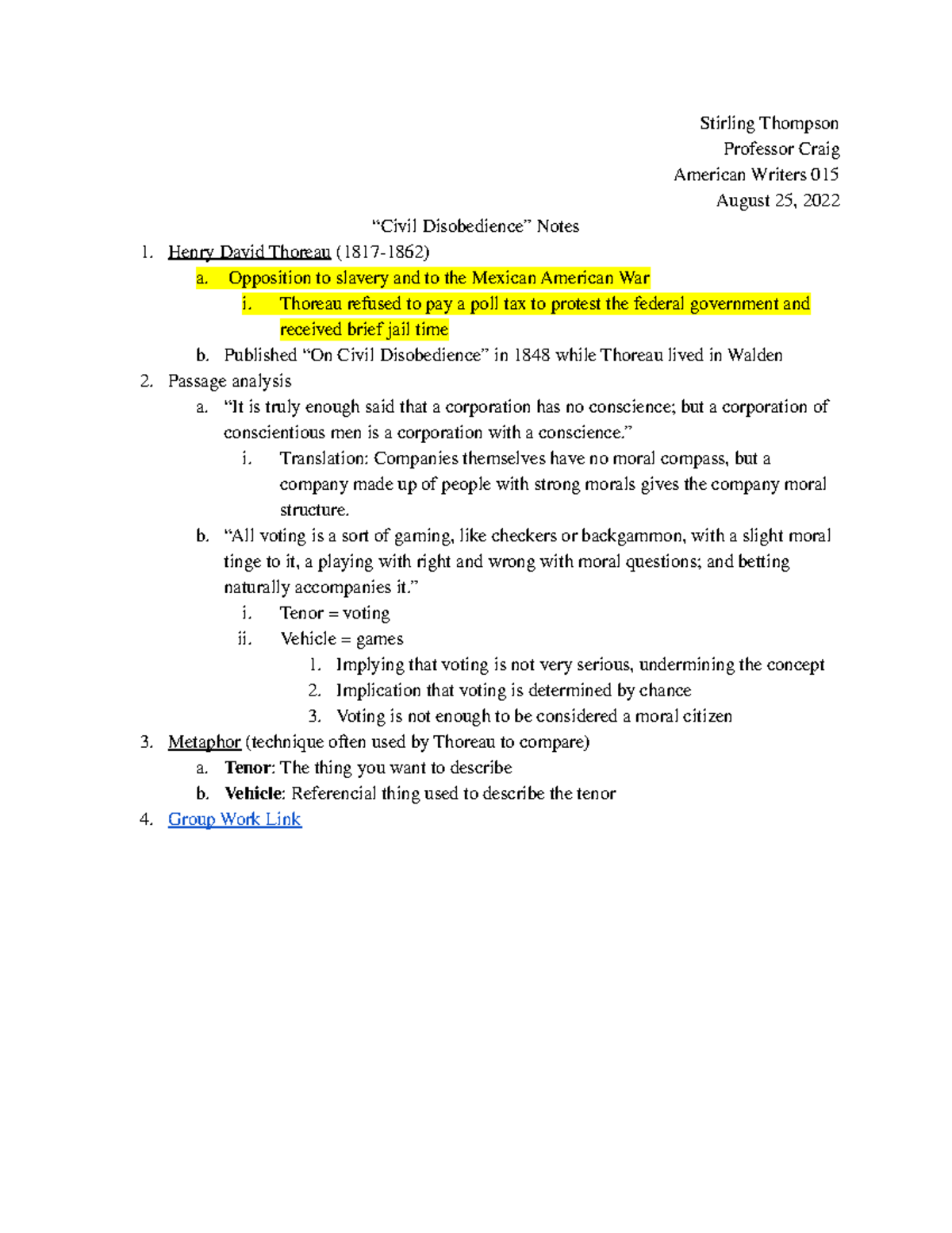 "Civil Disobedience" Notes - Stirling Thompson Professor Craig American ...