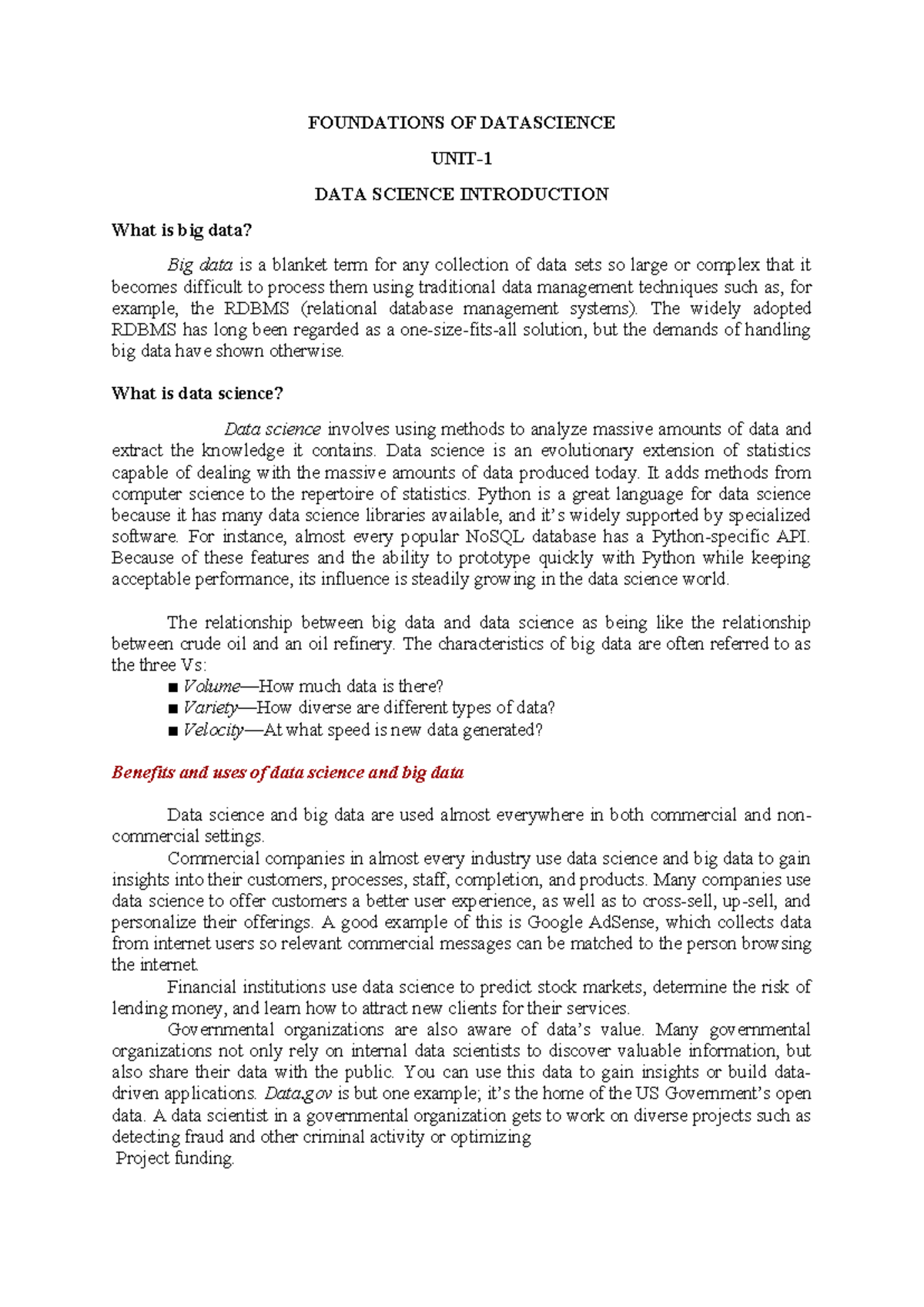 Data Science Notes Foundations Of Datascience Unit Data Science Introduction What Is Big Data