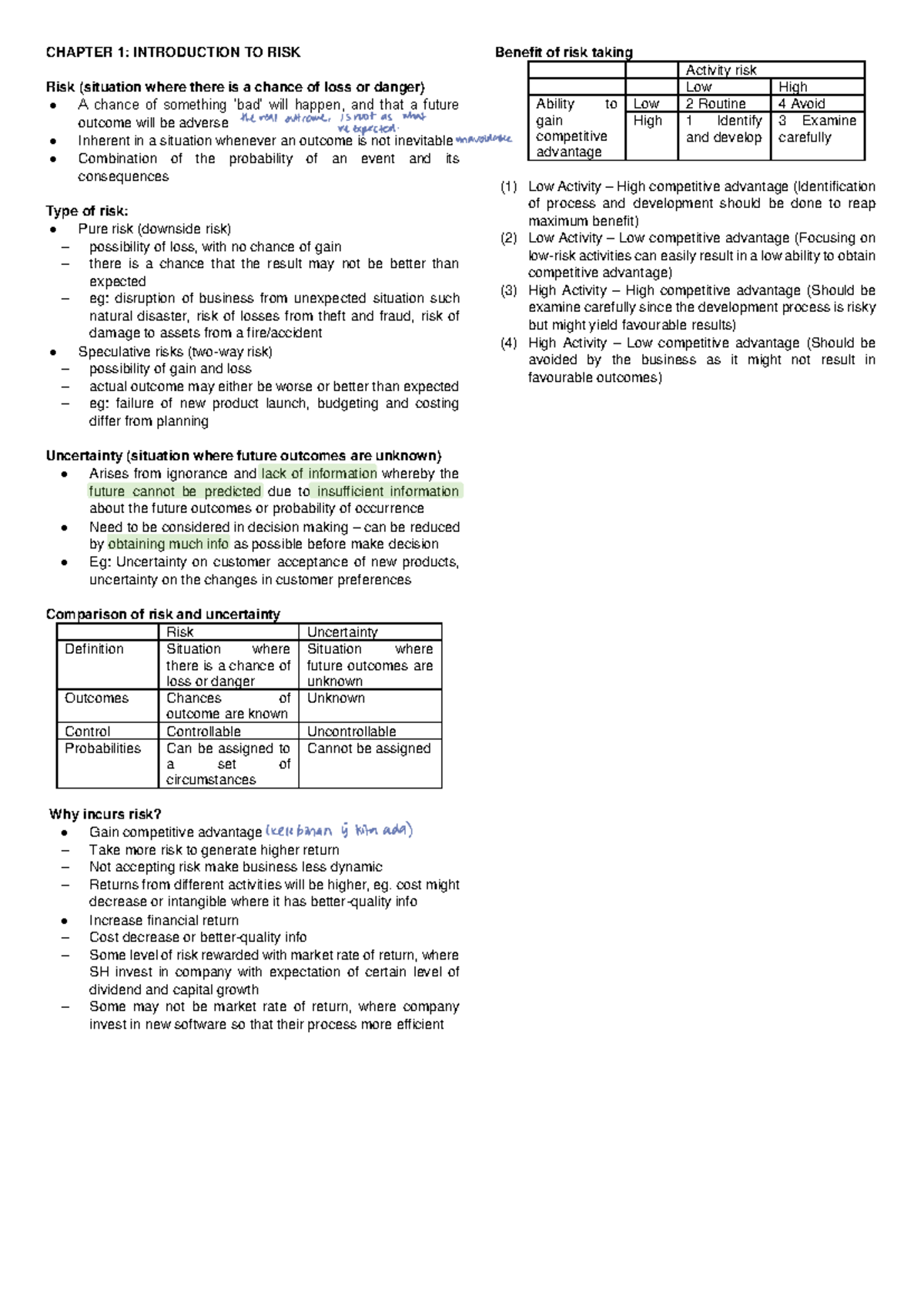 MAF682 Notes Final - CHAPTER 1: INTRODUCTION TO RISK Risk (situation ...