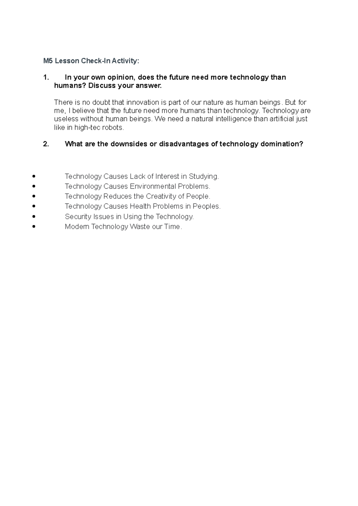 Ramos M5 - Lesson 1 Check - In Activity - M5 Lesson Check-In Activity: In your own opinion, does ...