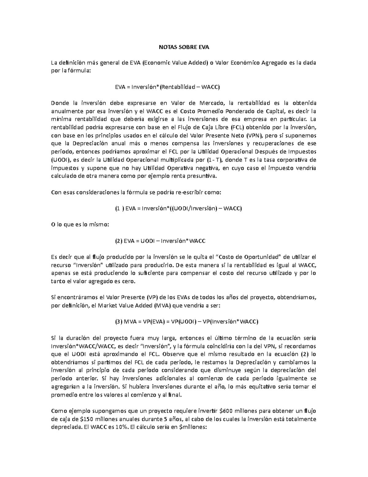 Resumen EVA - Finanzas 2 - NOTAS SOBRE EVA La general de EVA (Economic ...