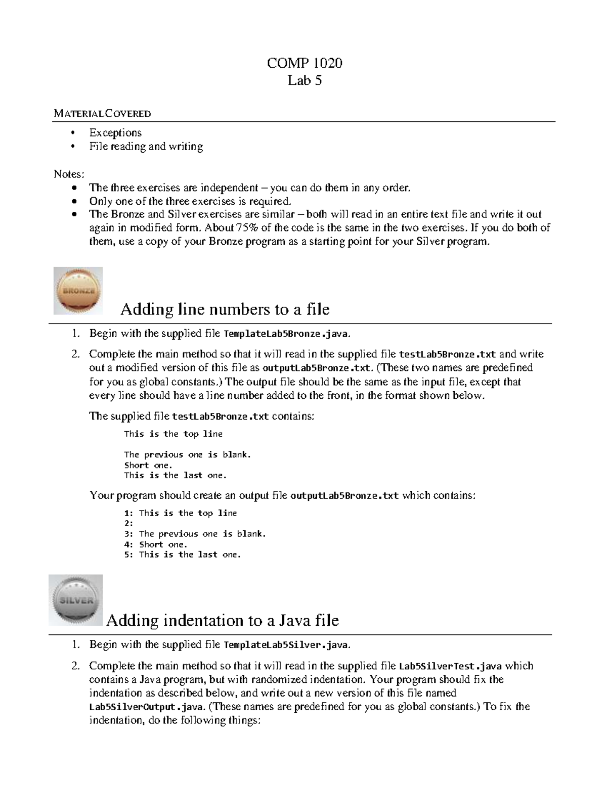 Lab Exercises 5 Comp 1020 Lab 5 Material Covered Exceptions File Reading And Writing Notes