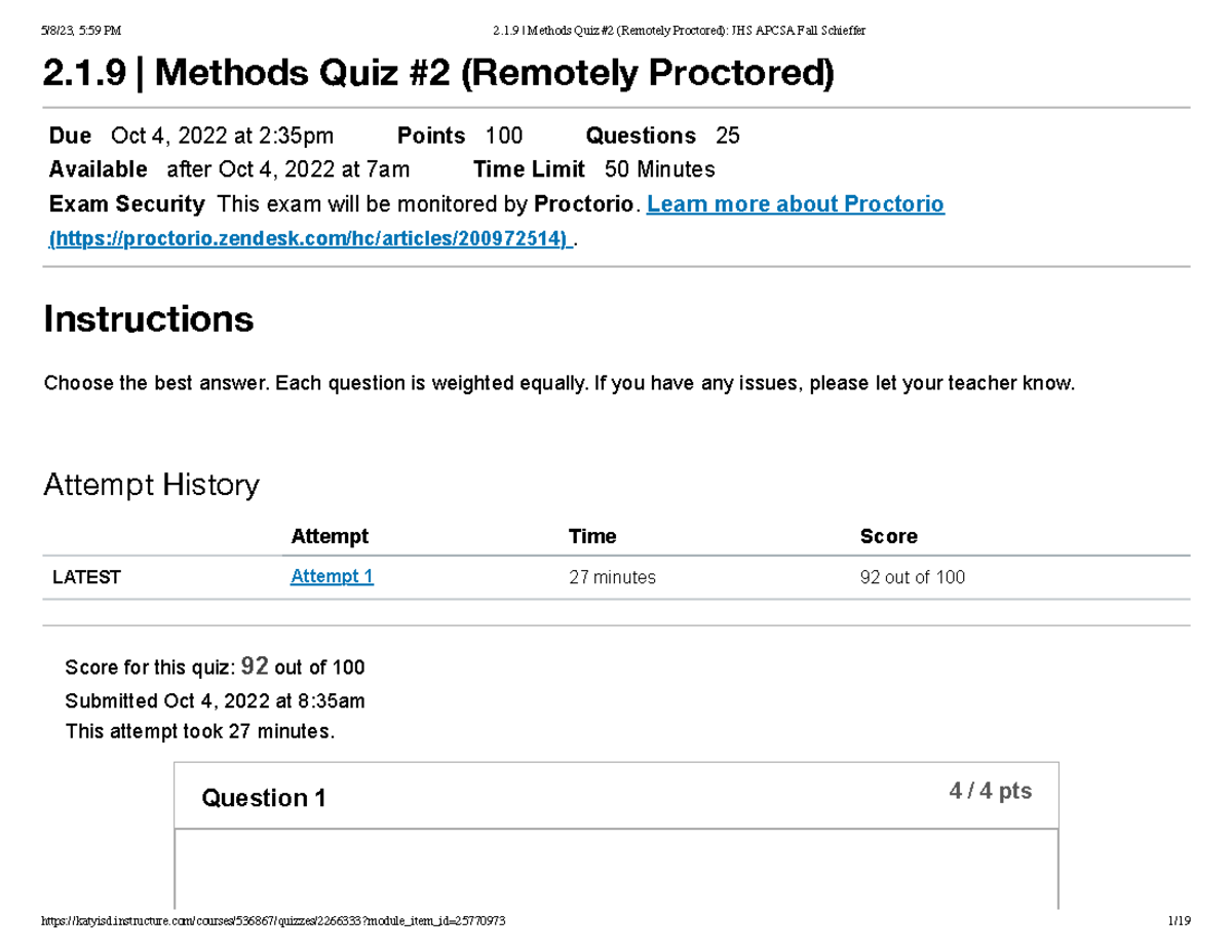 2.1.9 Methods Quiz #2 (Remotely Proctored) JHS Apcsa Fall Schieffer - 2 ...