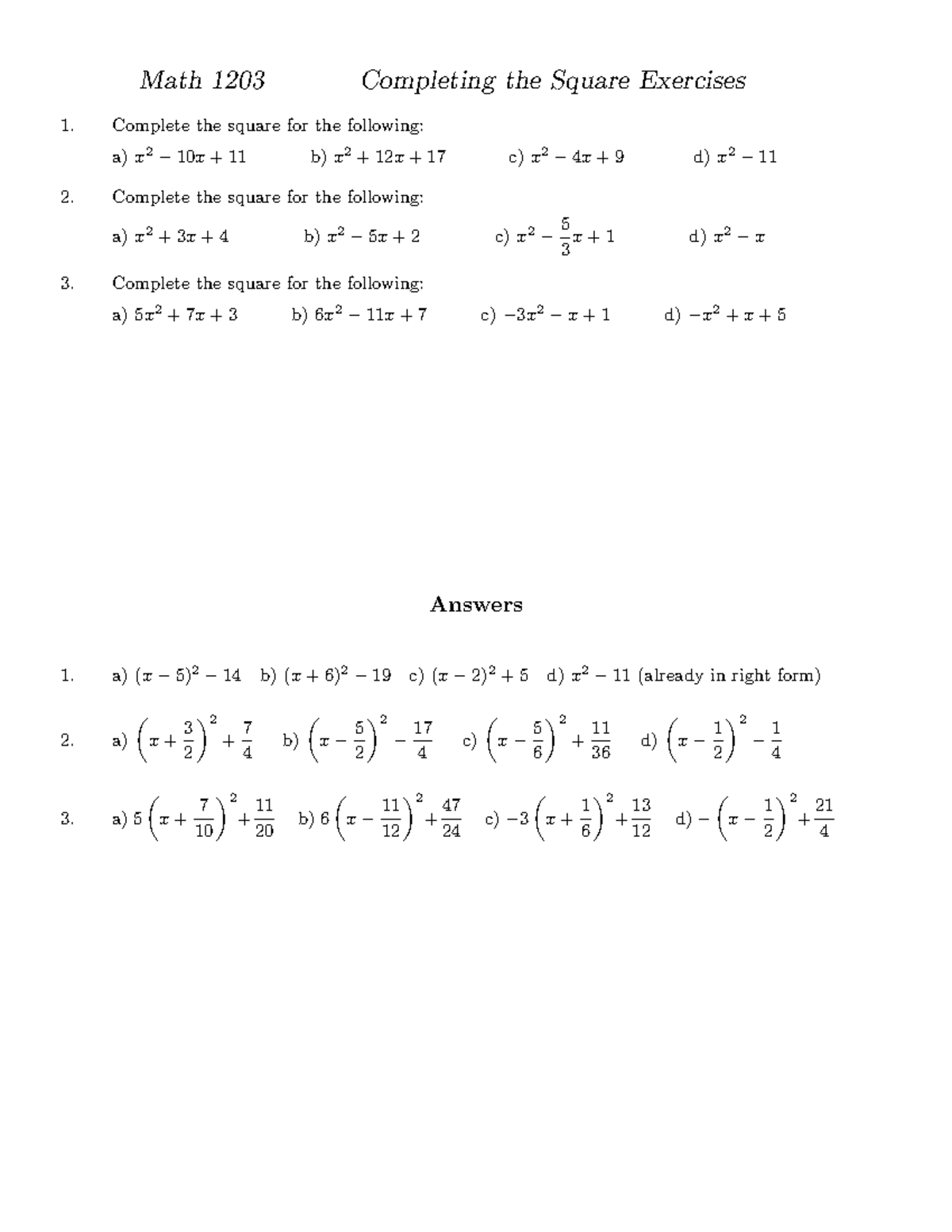 Ctsprob - college algebra quiz and answers - Math 1203 Completing the ...