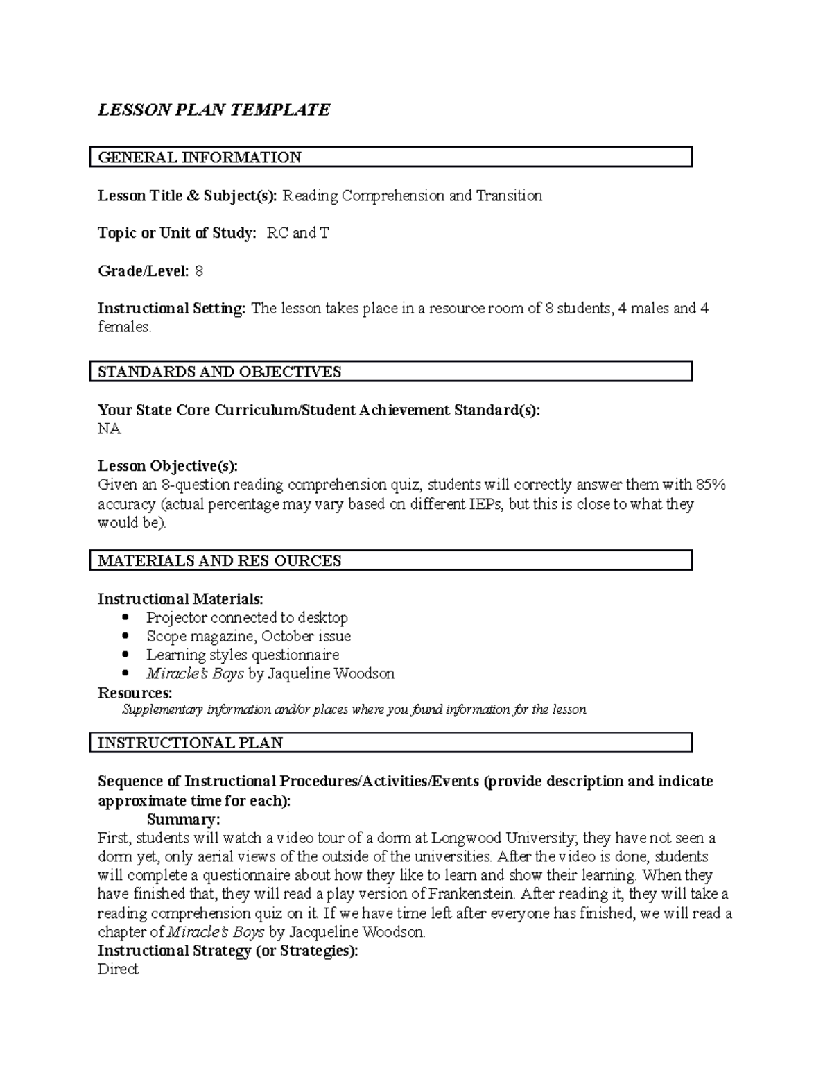A4 lesson plan 2018 10 02 - LESSON PLAN TEMPLATE GENERAL INFORMATION ...
