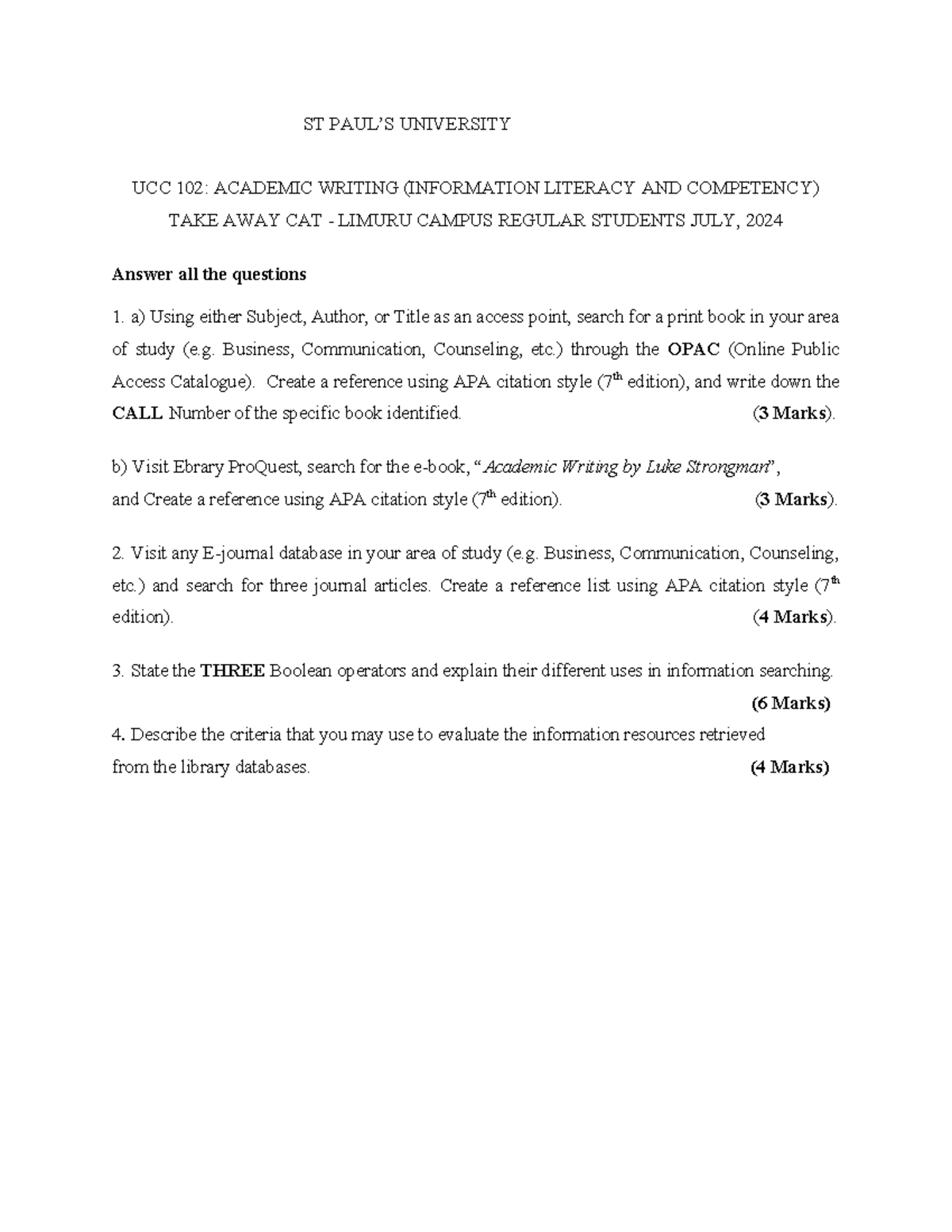 IL CAT (3) - Management - ST PAUL’S UNIVERSITY UCC 102: ACADEMIC ...