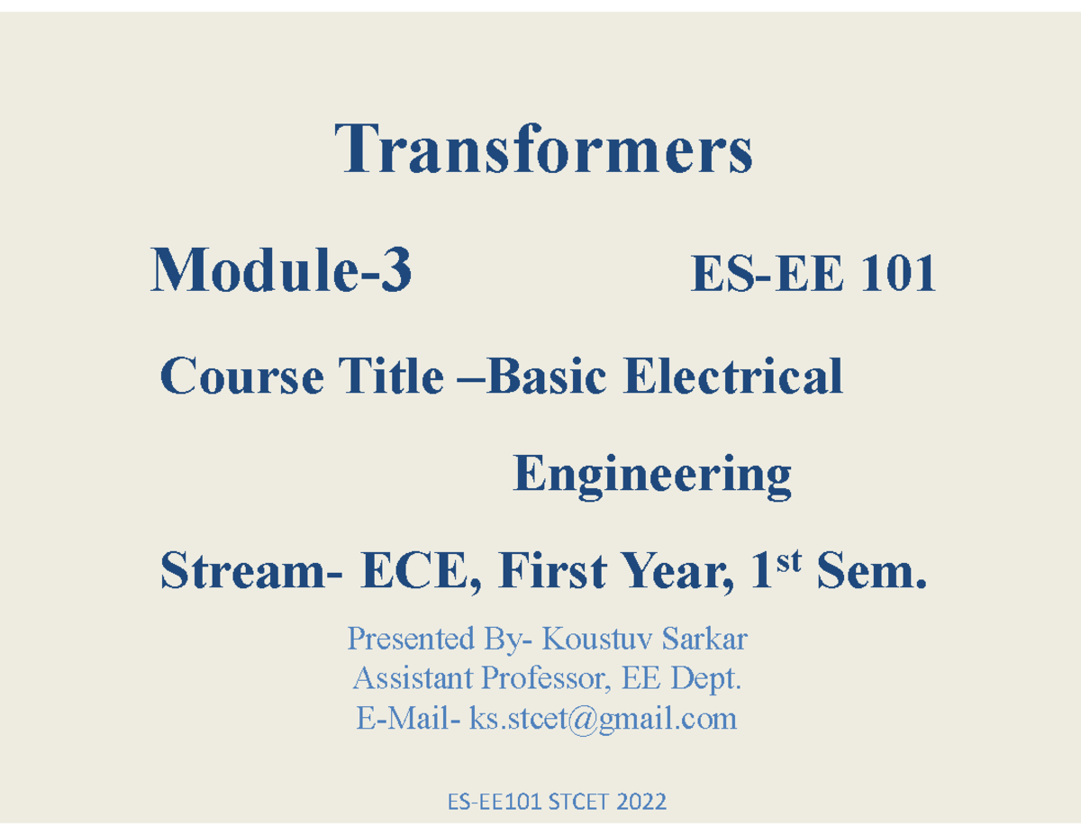 Transformer 2 - thanks - Transformers Module-3 ES-EE 101 Course Title ...