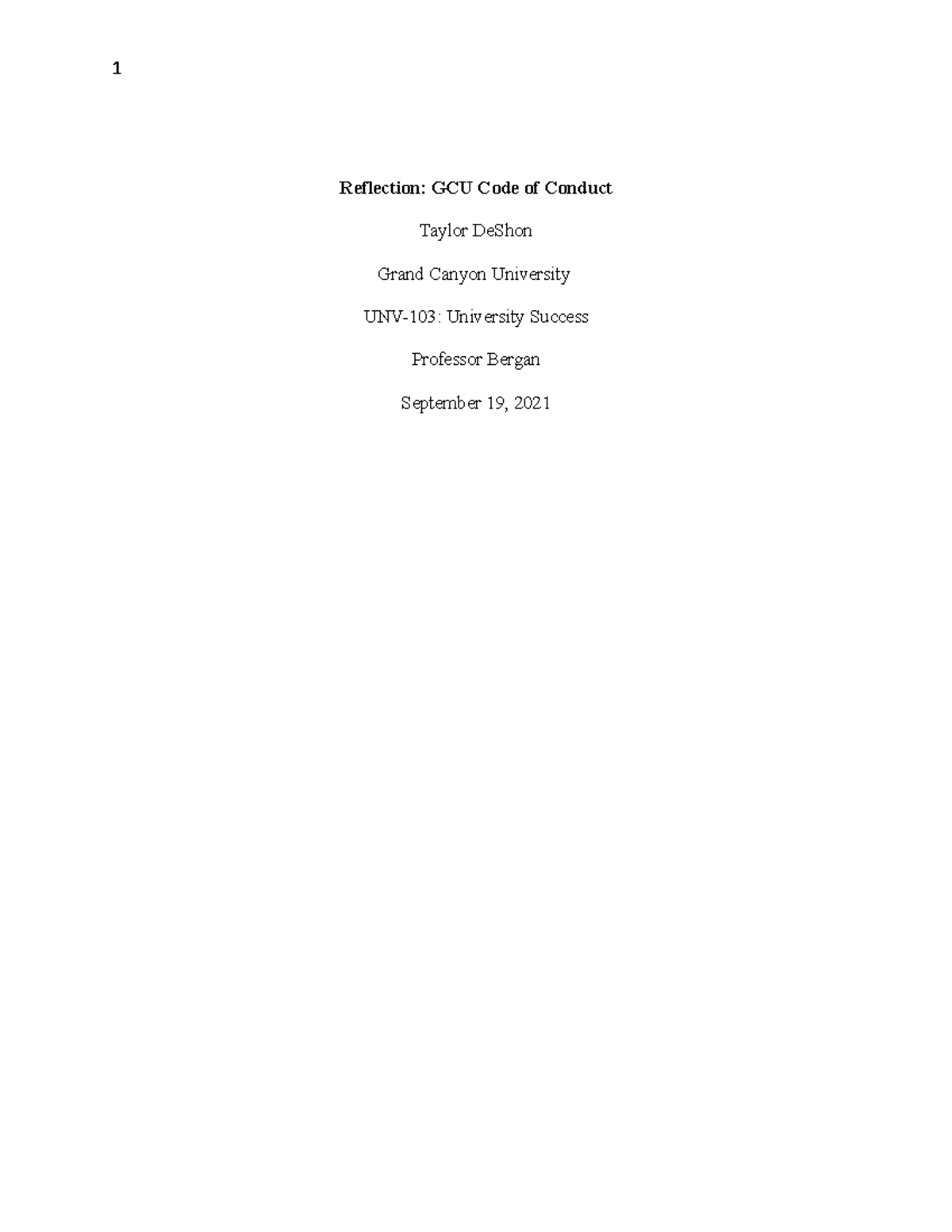 Reflection GCU Code of Conduct - 1 Reflection: GCU Code of Conduct ...