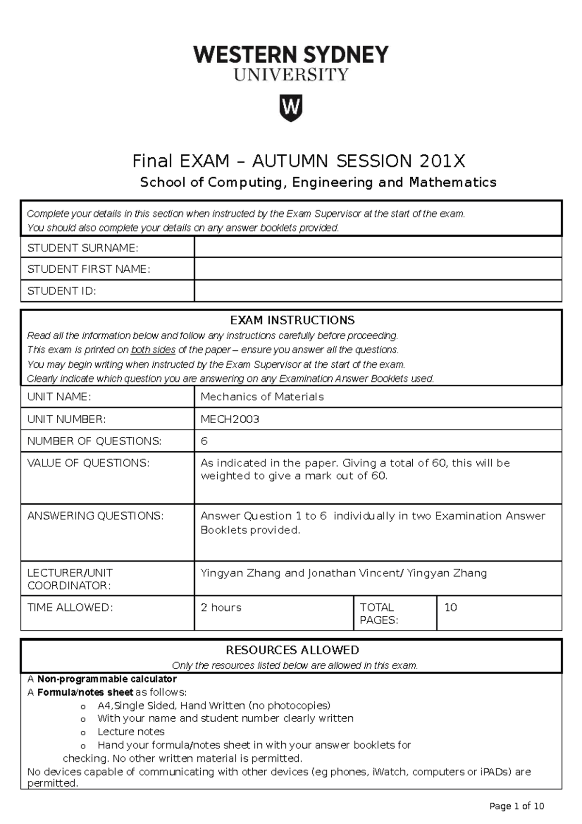 Sample Past exam paper on v UWS - Page 1 of 10 Final EXAM – AUTUMN ...