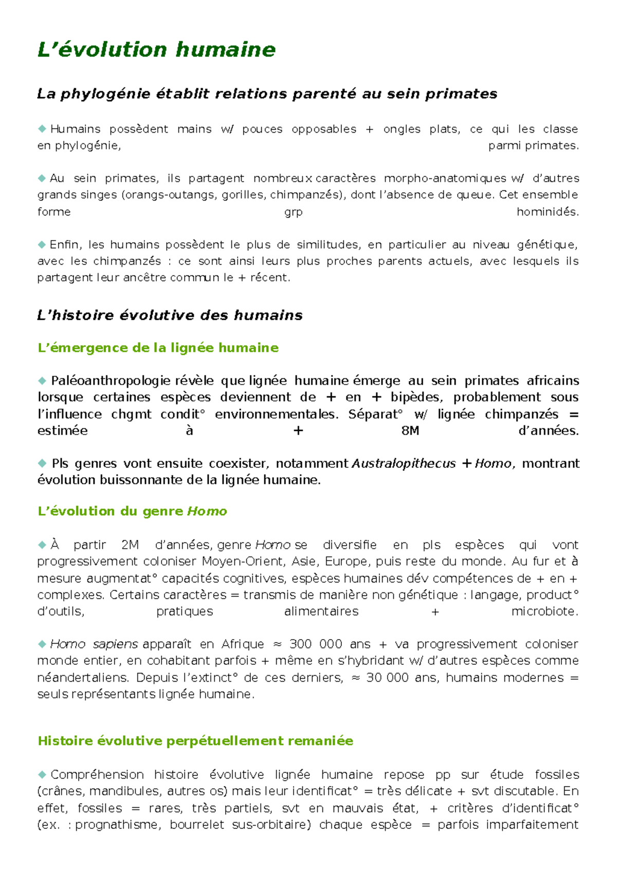 L’évolution humaine - Fiche de révision enseignement scientifique svt. - L’évolution humaine La ...
