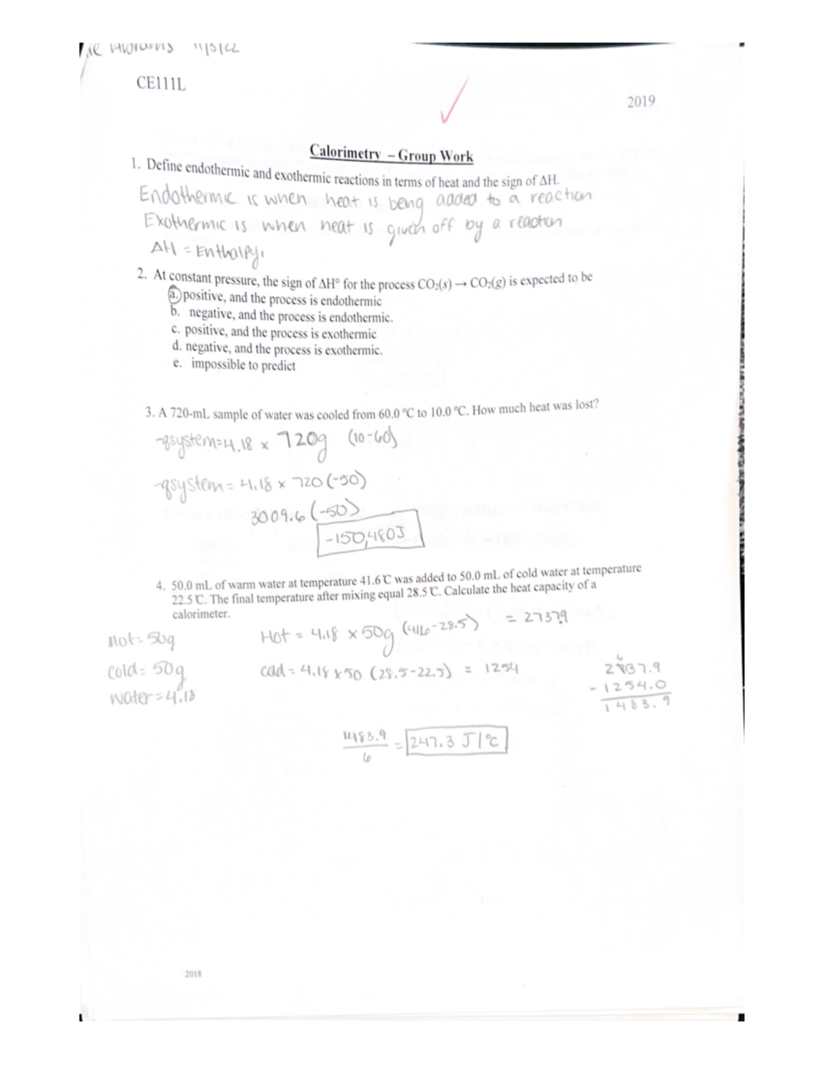 Calorimetry - Group Work - Define endothermic and exothermic reactions ...