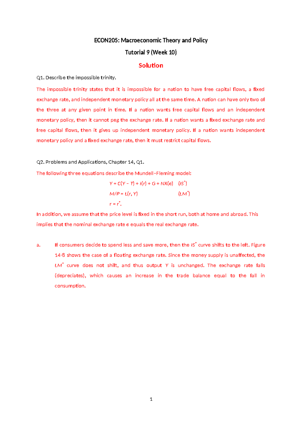 ECON205 Tute 9 solution - ECON205: Macroeconomic Theory and Policy ...