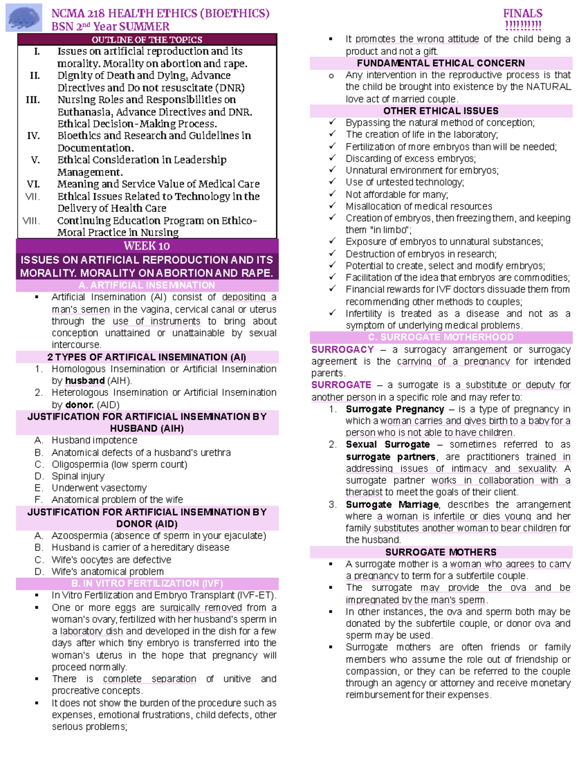 NCMA 218 Health Ethics ( Bioethics) NOT Complete - BSN 2nd Year SUMMER ...