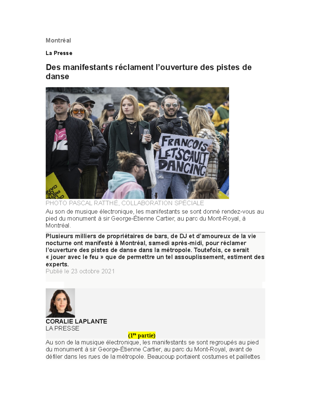 Article - La Presse de Montréal - Reading Comprehension assignment ...