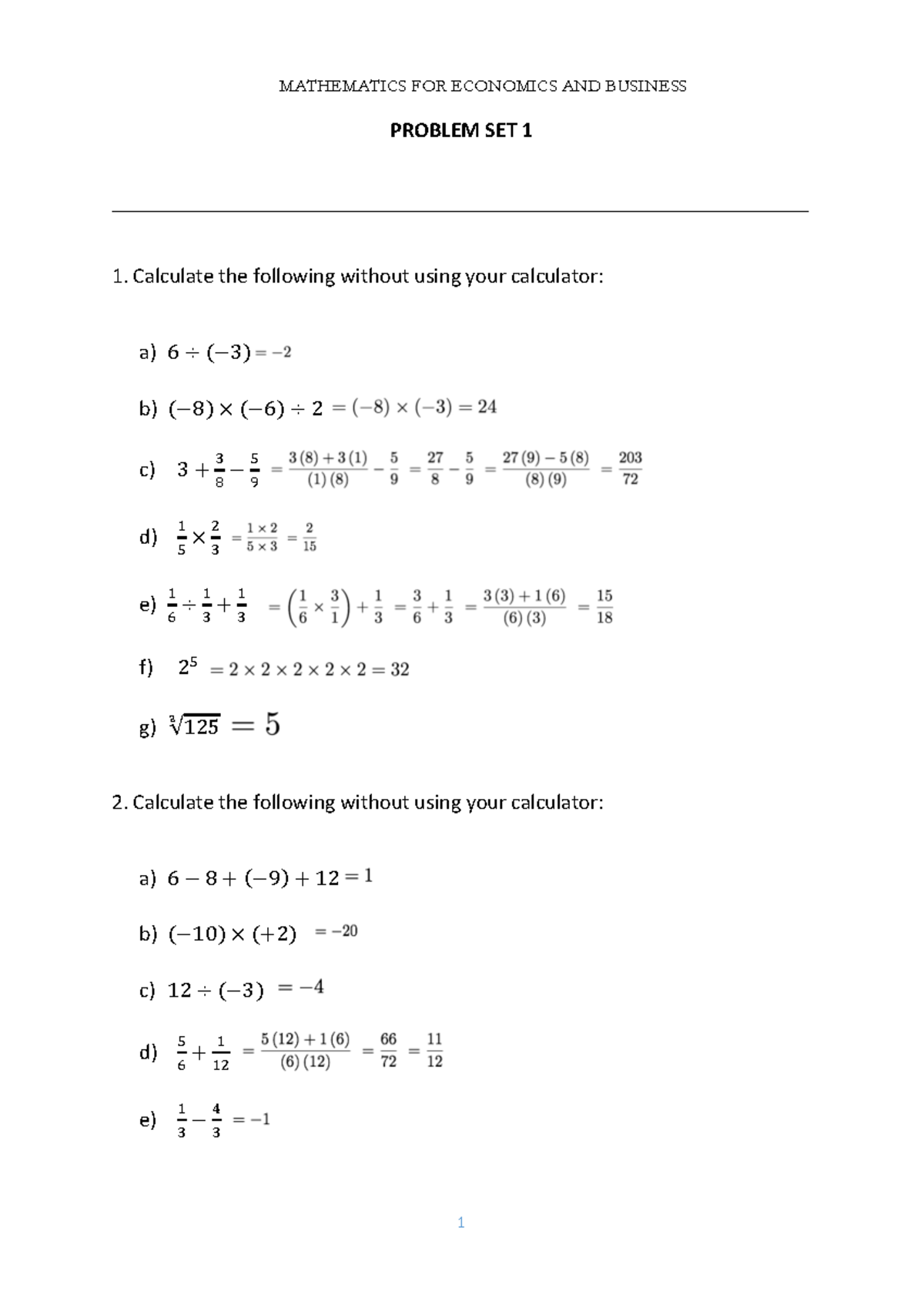 Problem SET 1 - Notes - MATHEMATICS FOR ECONOMICS AND BUSINESS PROBLEM ...