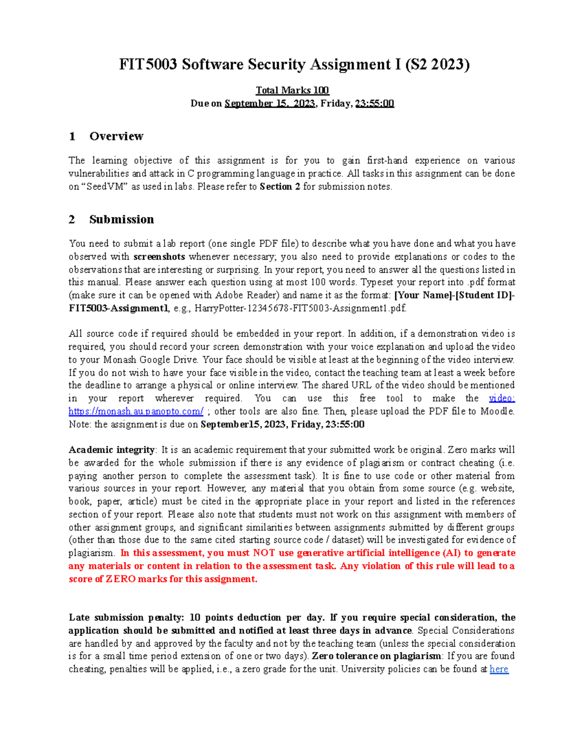 FIT5003 S2 2023 Assignment 1 - FIT5003 Software Security Assignment I (S2 2023) Total Marks 100 ...