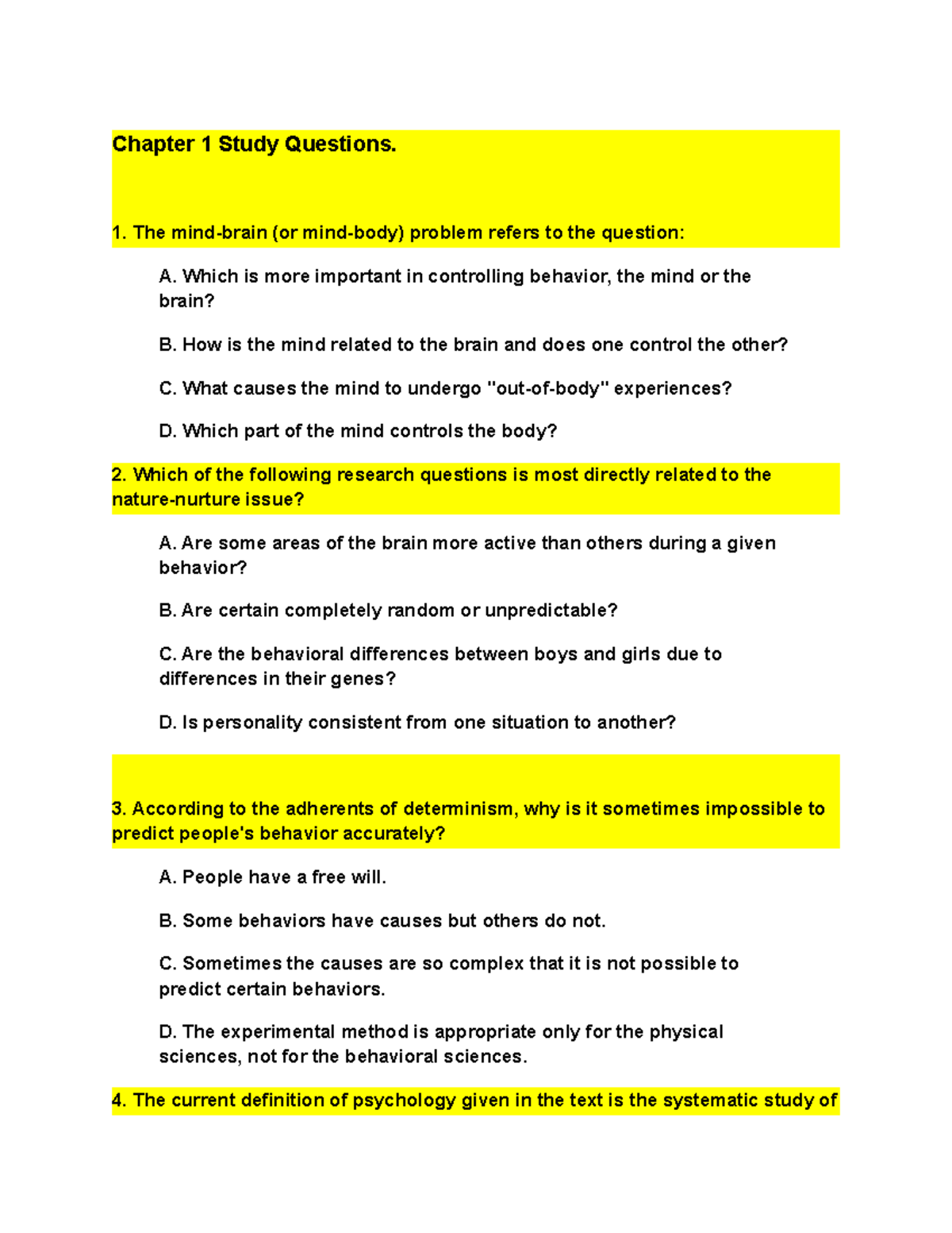 study questions and answers - Chapter 1 Study Questions. The mind-brain ...