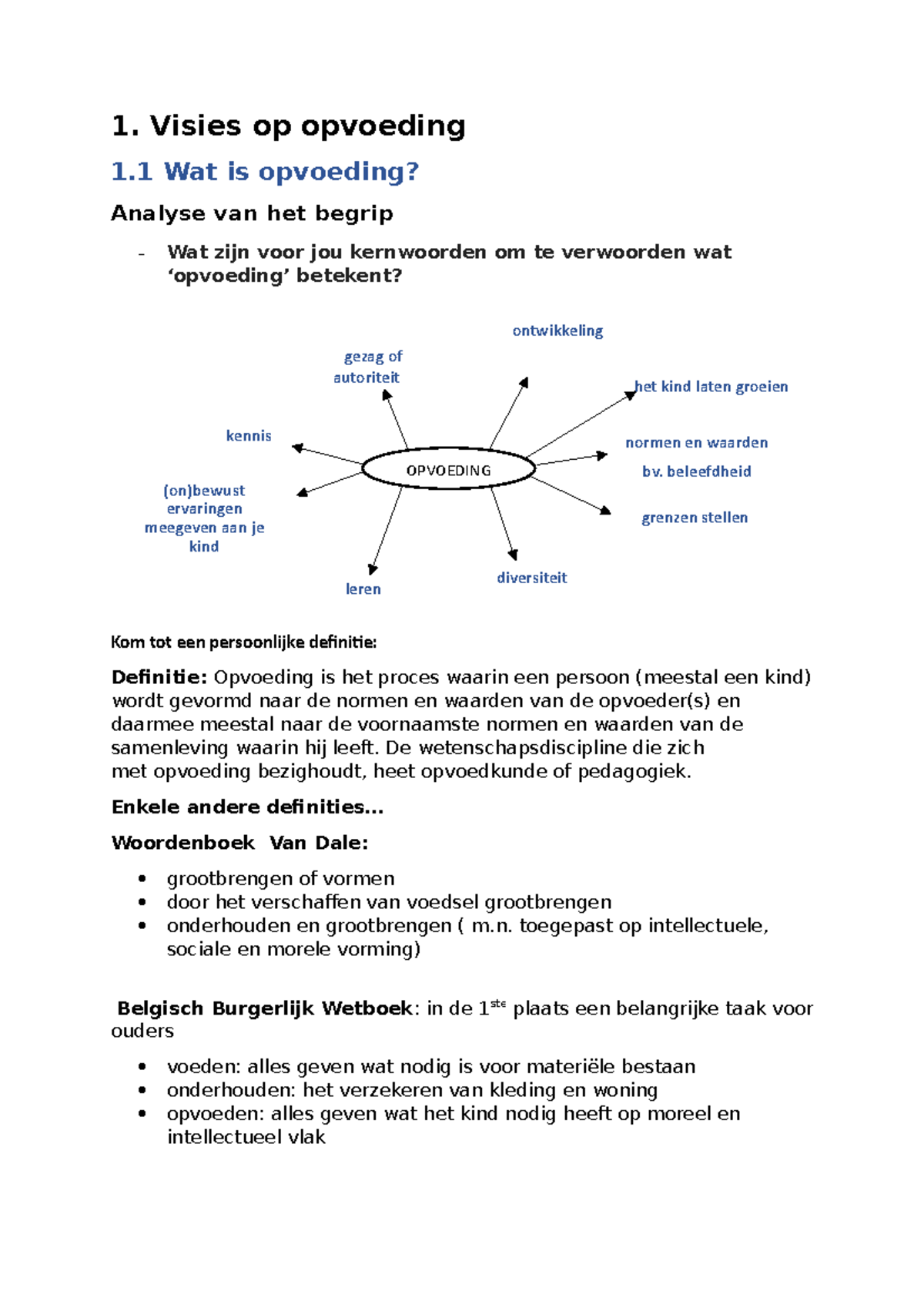 Samenvatting pedagogie - 1. Visies op opvoeding 1 Wat is opvoeding? Analyse van het begrip - Wat ...