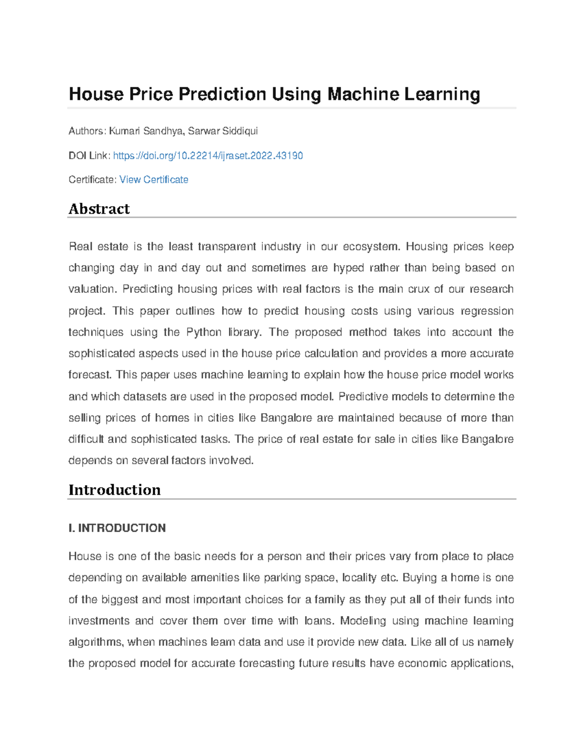 House Price Prediction Using Machine Learning - 22214/ijraset.2022 ...