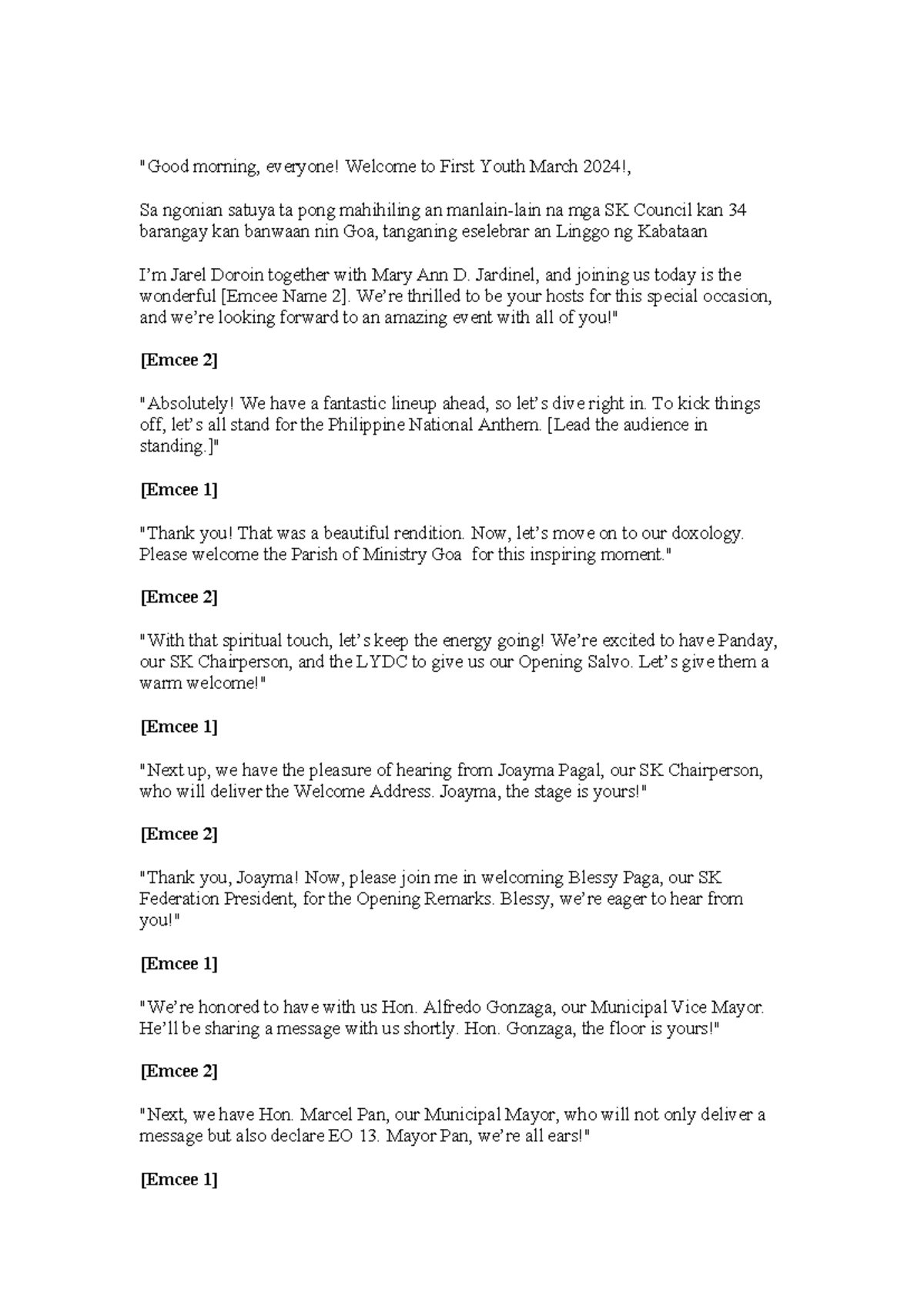 Script youth march - none - "Good morning, everyone! Welcome to First ...