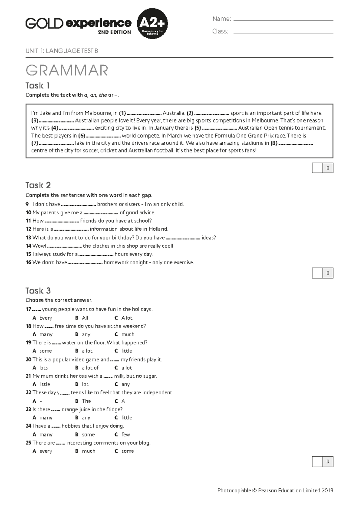 Gold Exp A2P U1 Lang Test B - GRAMMAR Task 1 Complete the text with a ...